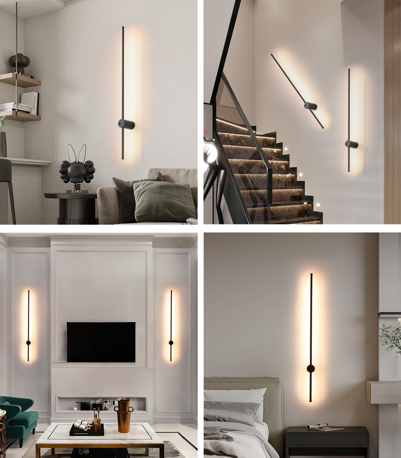 Battery Operated Wall Sconces with Remote Control, USB Rechargeable Wall Sconce Set of Two, Dimmable LED Wall Lights Indoor, 360° Rotate Cordless Wall Lamp for Living Room Bedroom Hallway, Black, 40In