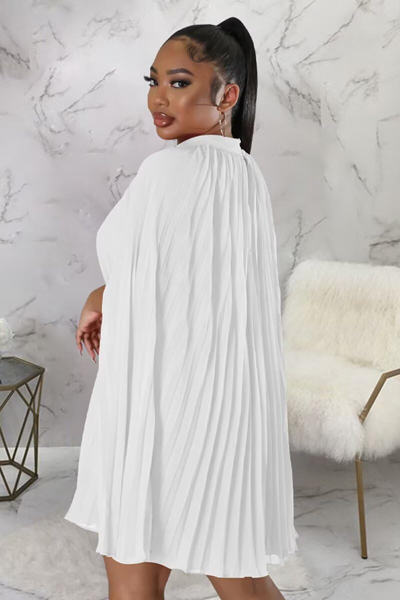 Ekaliy Women’s Chiffon Pleated Cape Dress Cloak Sleeve Knee Length Wedding Guest Shift Dress White M
