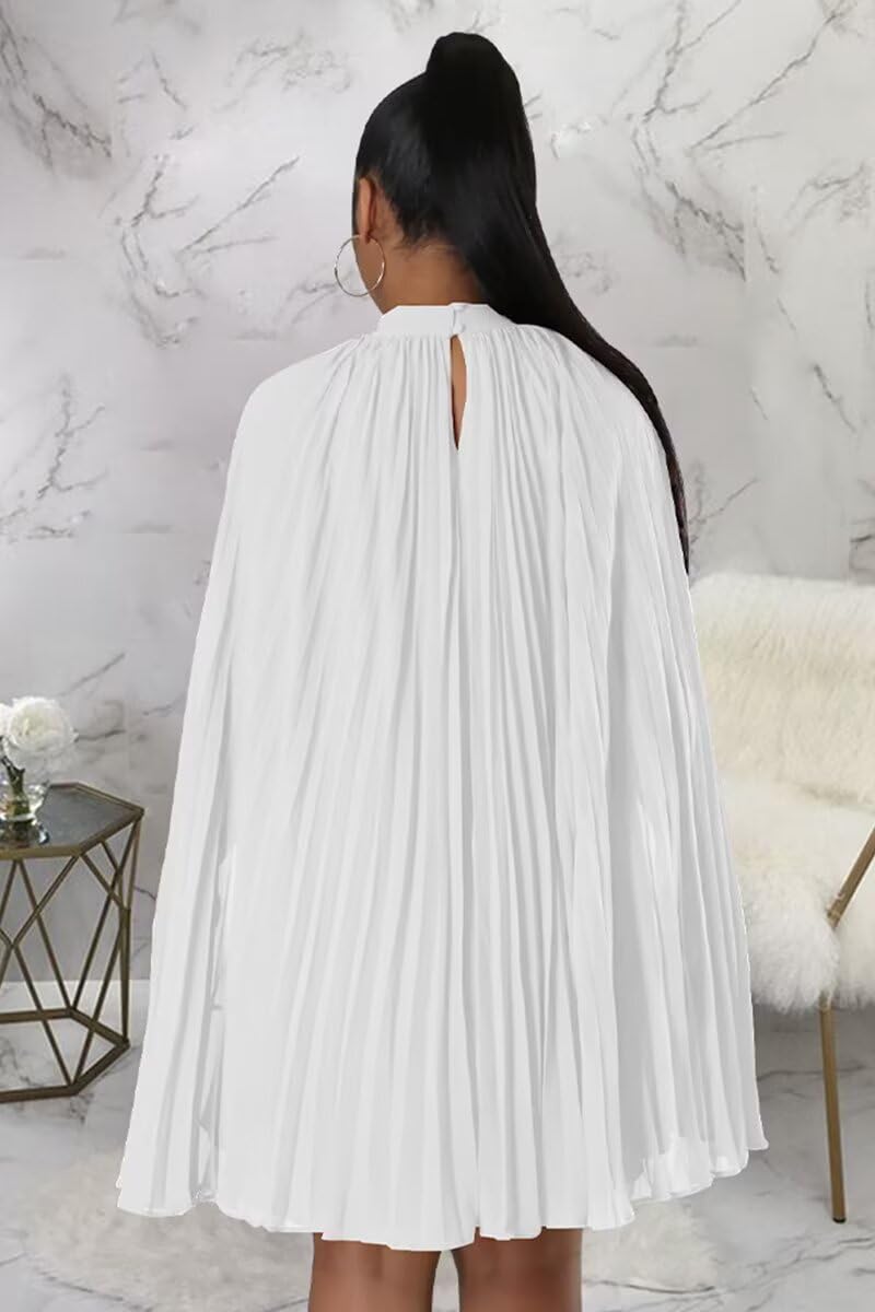 Ekaliy Women’s Chiffon Pleated Cape Dress Cloak Sleeve Knee Length Wedding Guest Shift Dress White M
