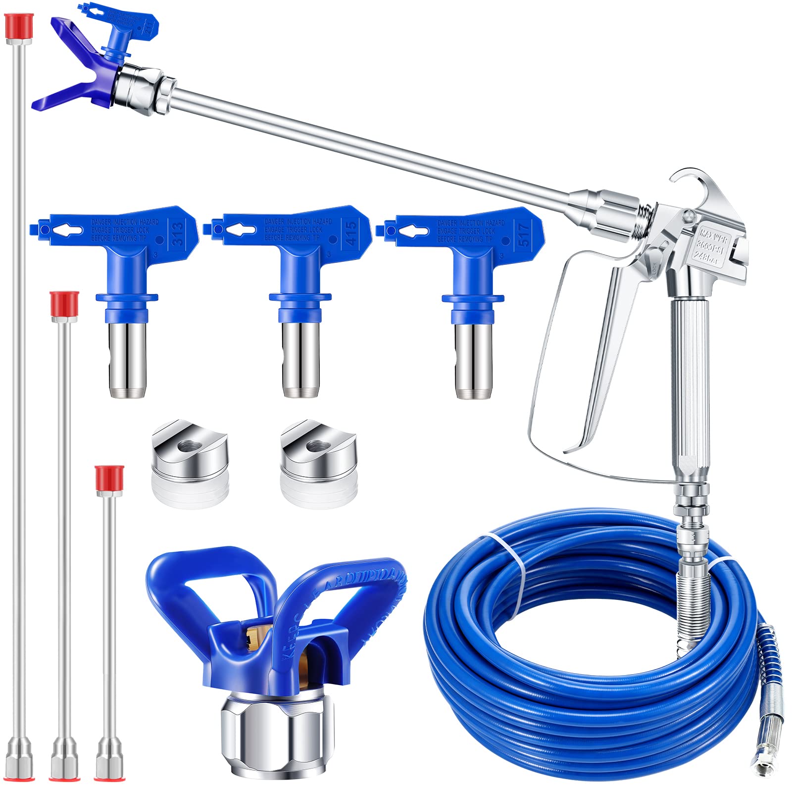 LEIFIDE 9 Pcs Airless Sprayer Gun Hose Kit 50ft 3600psi High Pressure Fiber Tube with Extension Rod Pole 313 415 517 Tip and Tip Guard Swivel Joint Paint Sprayer Hose Set for Homes Buildings (Blue)