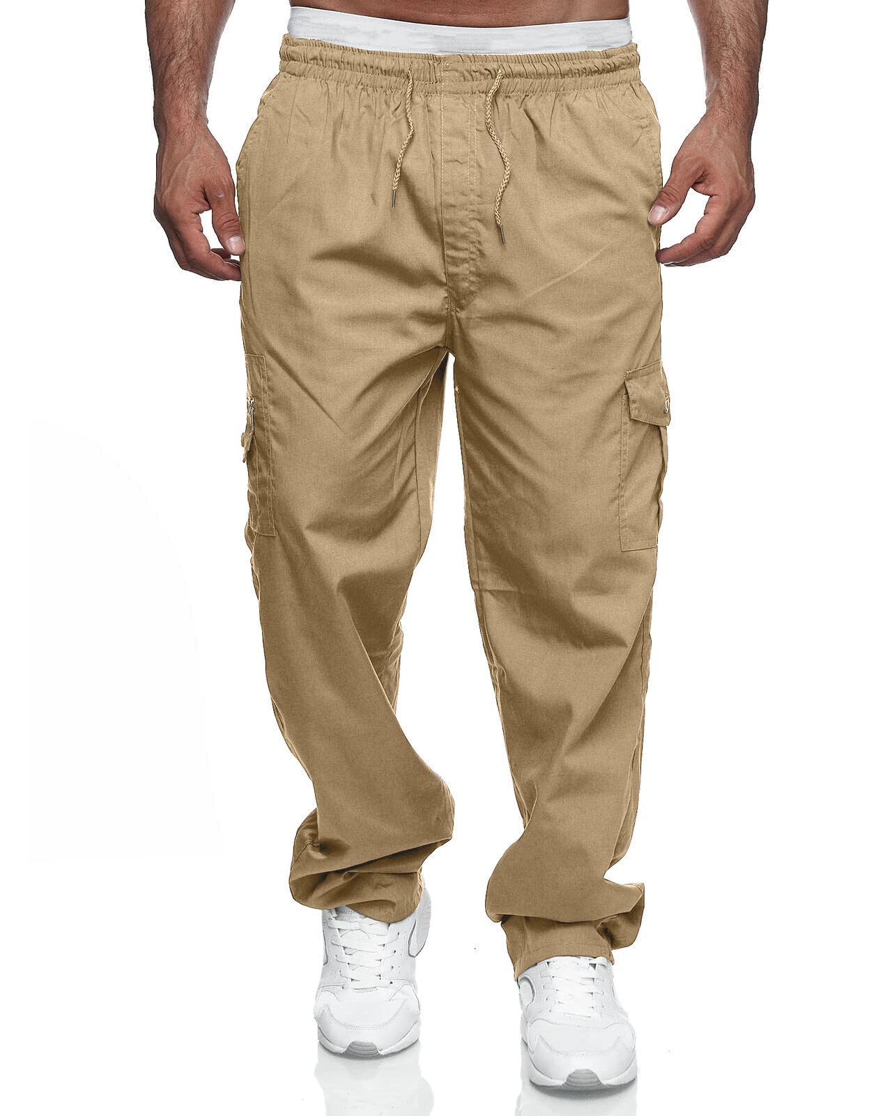 WZIKAI Mens Cargo Pants Relaxed Fit Drawstring Joggers Sweatpants for Men Workout Casual Long Trousers Khaki XXXL