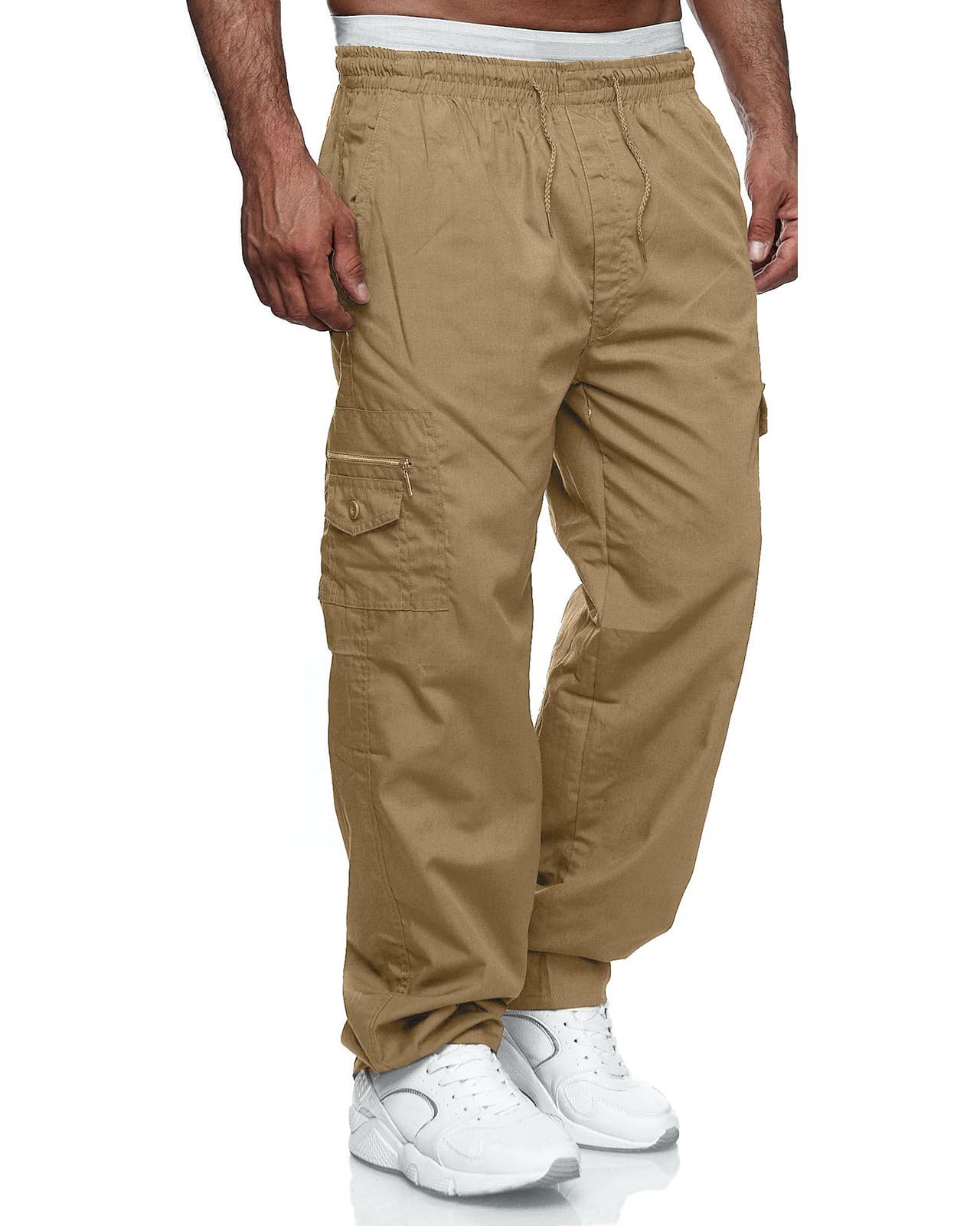 WZIKAI Mens Cargo Pants Relaxed Fit Drawstring Joggers Sweatpants for Men Workout Casual Long Trousers Khaki XXXL