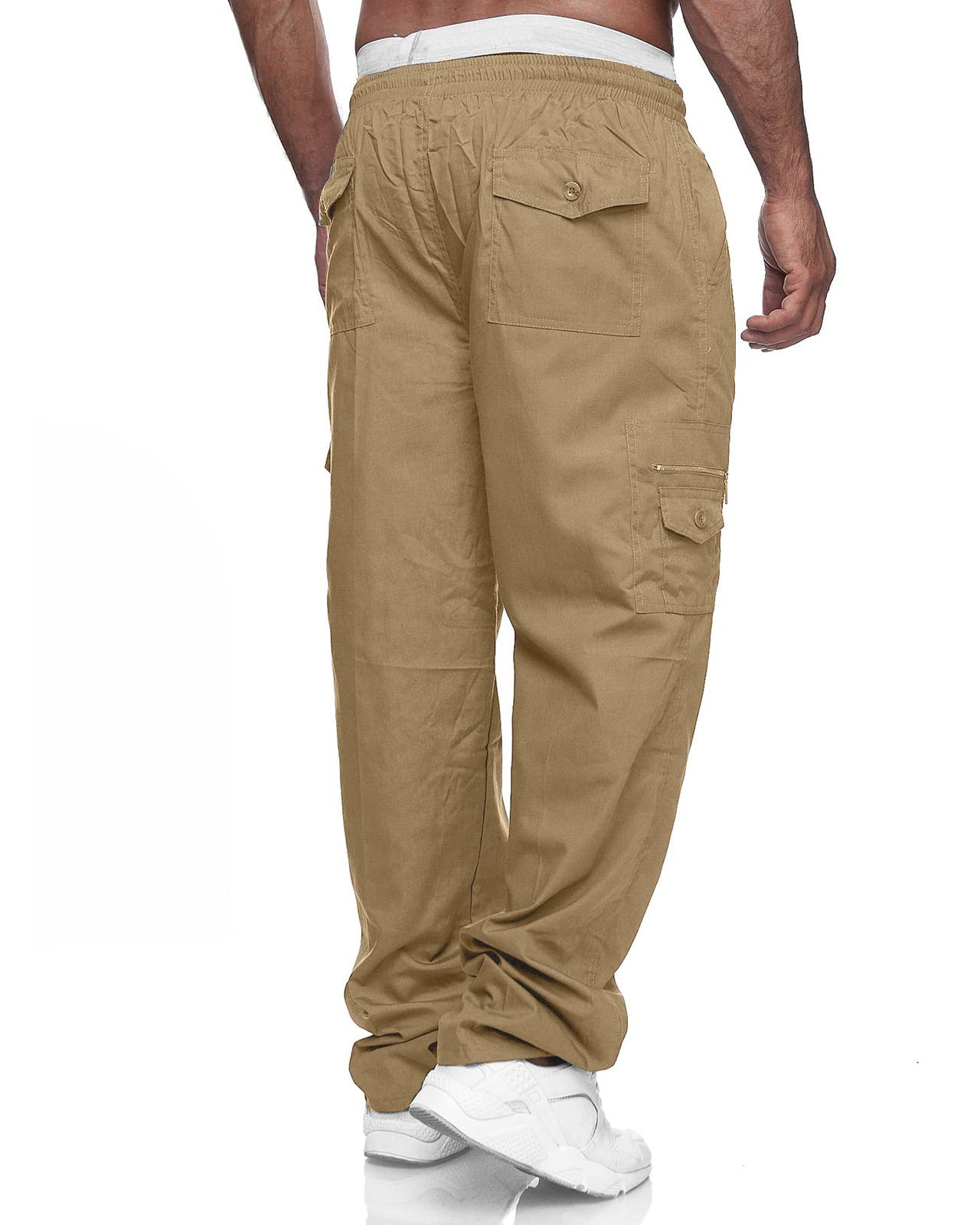 WZIKAI Mens Cargo Pants Relaxed Fit Drawstring Joggers Sweatpants for Men Workout Casual Long Trousers Khaki XXXL