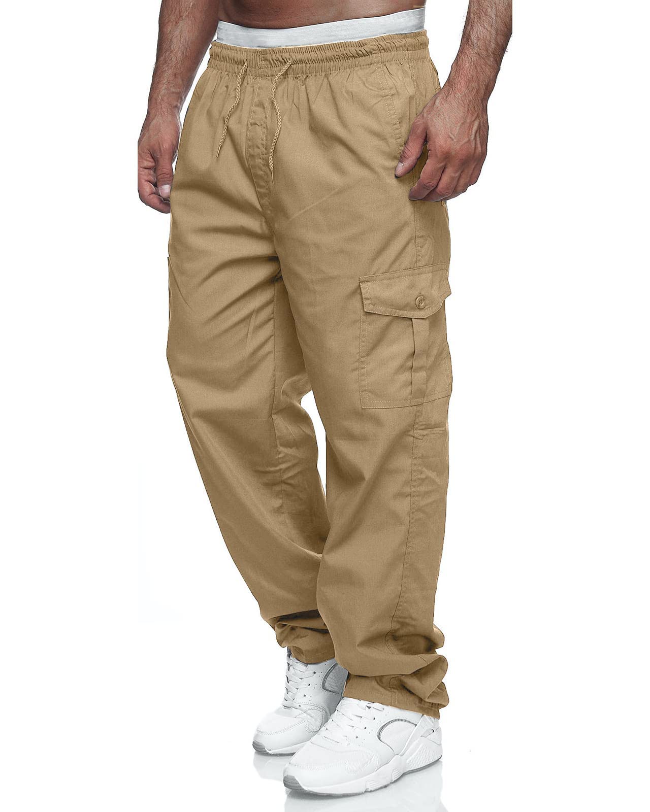 WZIKAI Mens Cargo Pants Relaxed Fit Drawstring Joggers Sweatpants for Men Workout Casual Long Trousers Khaki XXXL