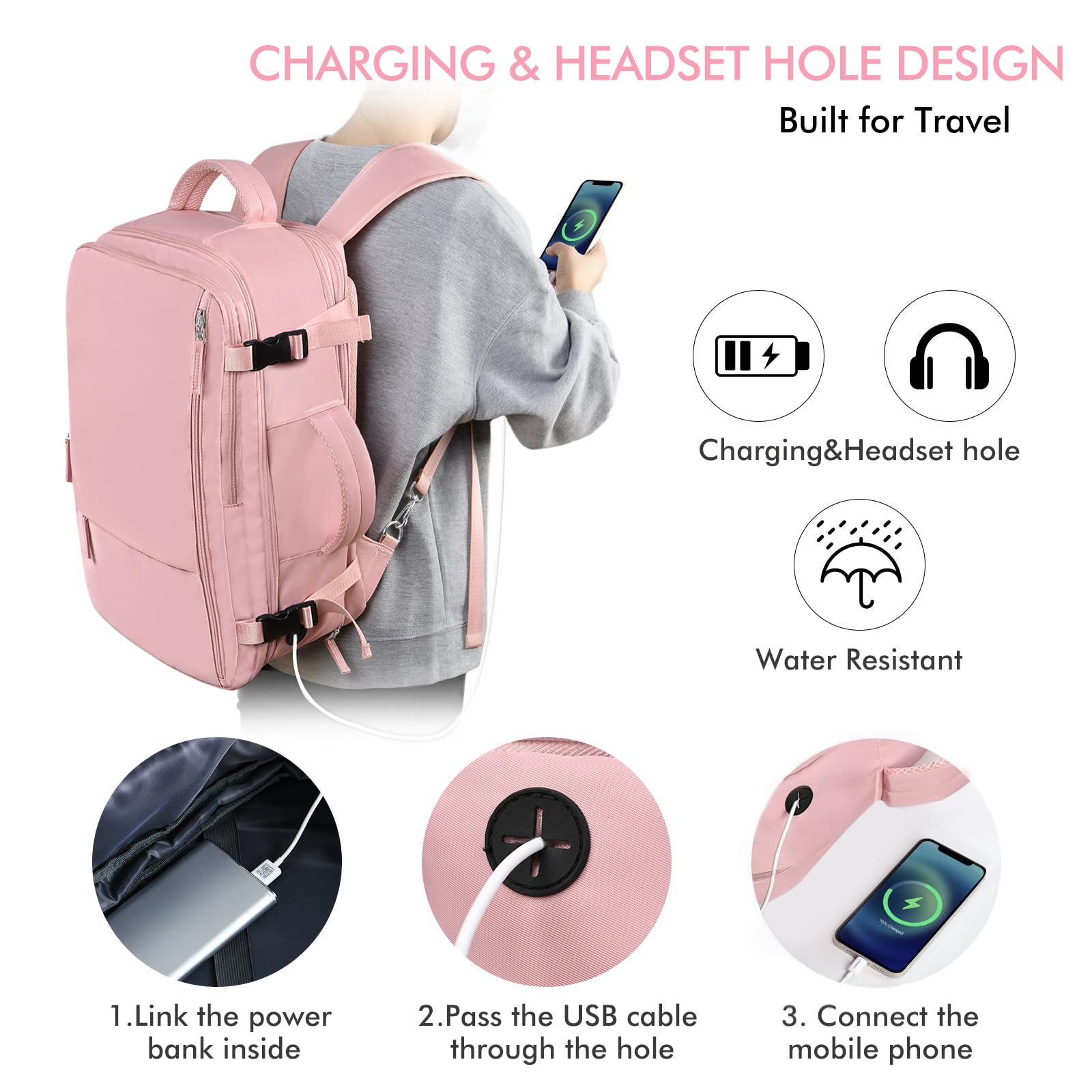 Beraliy Large Travel Backpack for Women, Personal Item Bag Airline Approved, Carry On Luggage, 17.3 inch Laptop Backpack, Waterproof Backpack,Hiking Backpack, Pink