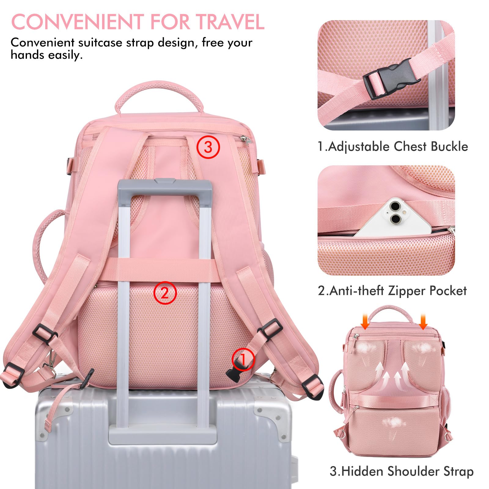 Beraliy Large Travel Backpack for Women, Personal Item Bag Airline Approved, Carry On Luggage, 17.3 inch Laptop Backpack, Waterproof Backpack,Hiking Backpack, Pink
