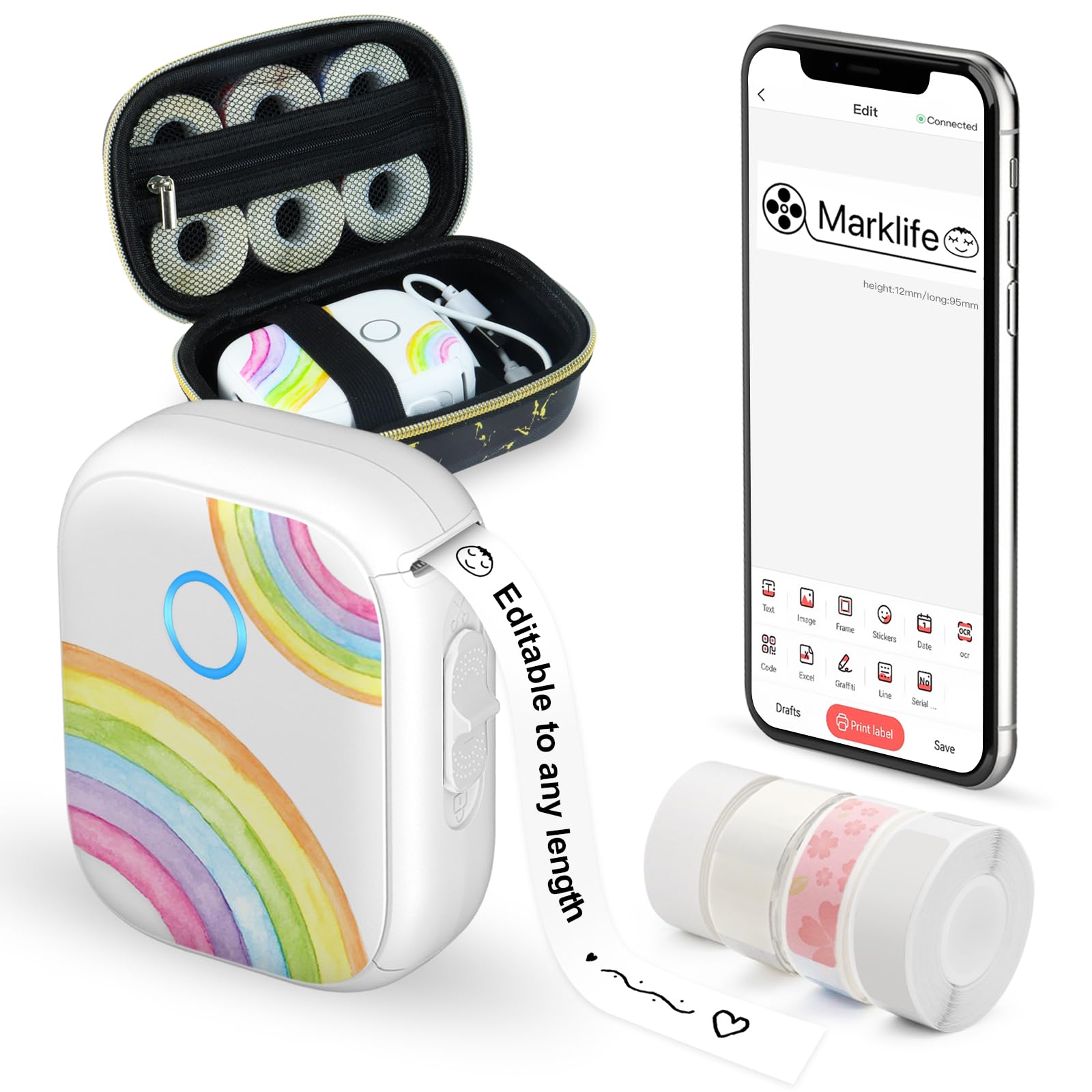 MARKLIFE P12 Portable Bluetooth Label Printer - Mini Thermal Sticker Machine for Home, Office, Storage, Barcode, Gift Labels (Color, 1 Printer+4 Tapes+Case)
