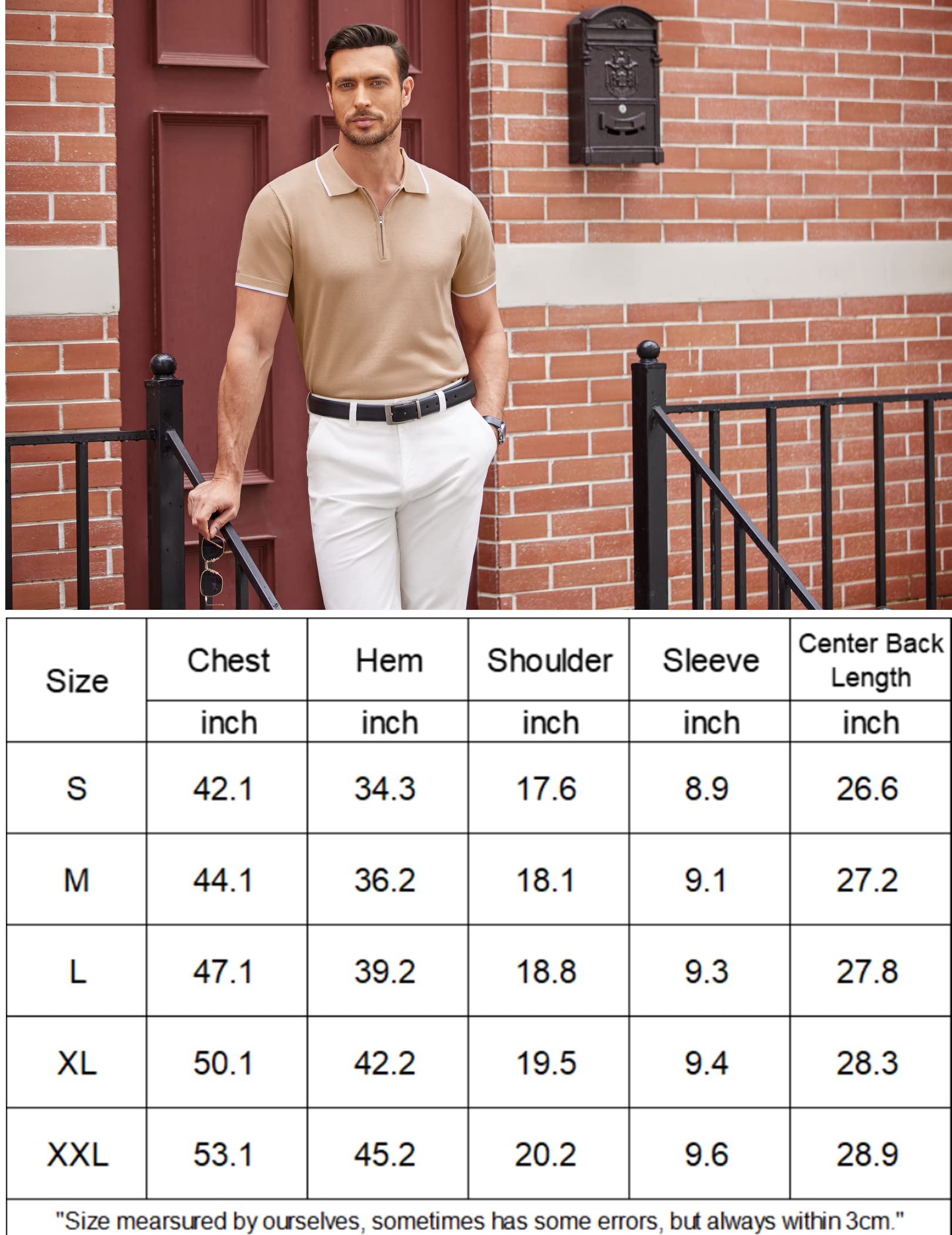 COOFANDY Mens Polo T Shirt Stripe Stretch Casual Quarter Zip Pique T Quick Dry, Light Tan, XX-Large, Short Sleeve