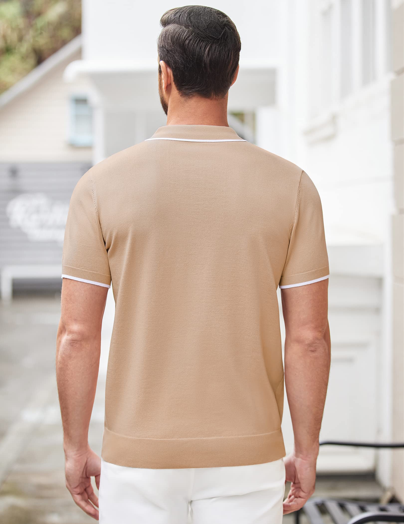 COOFANDY Mens Polo T Shirt Stripe Stretch Casual Quarter Zip Pique T Quick Dry, Light Tan, XX-Large, Short Sleeve