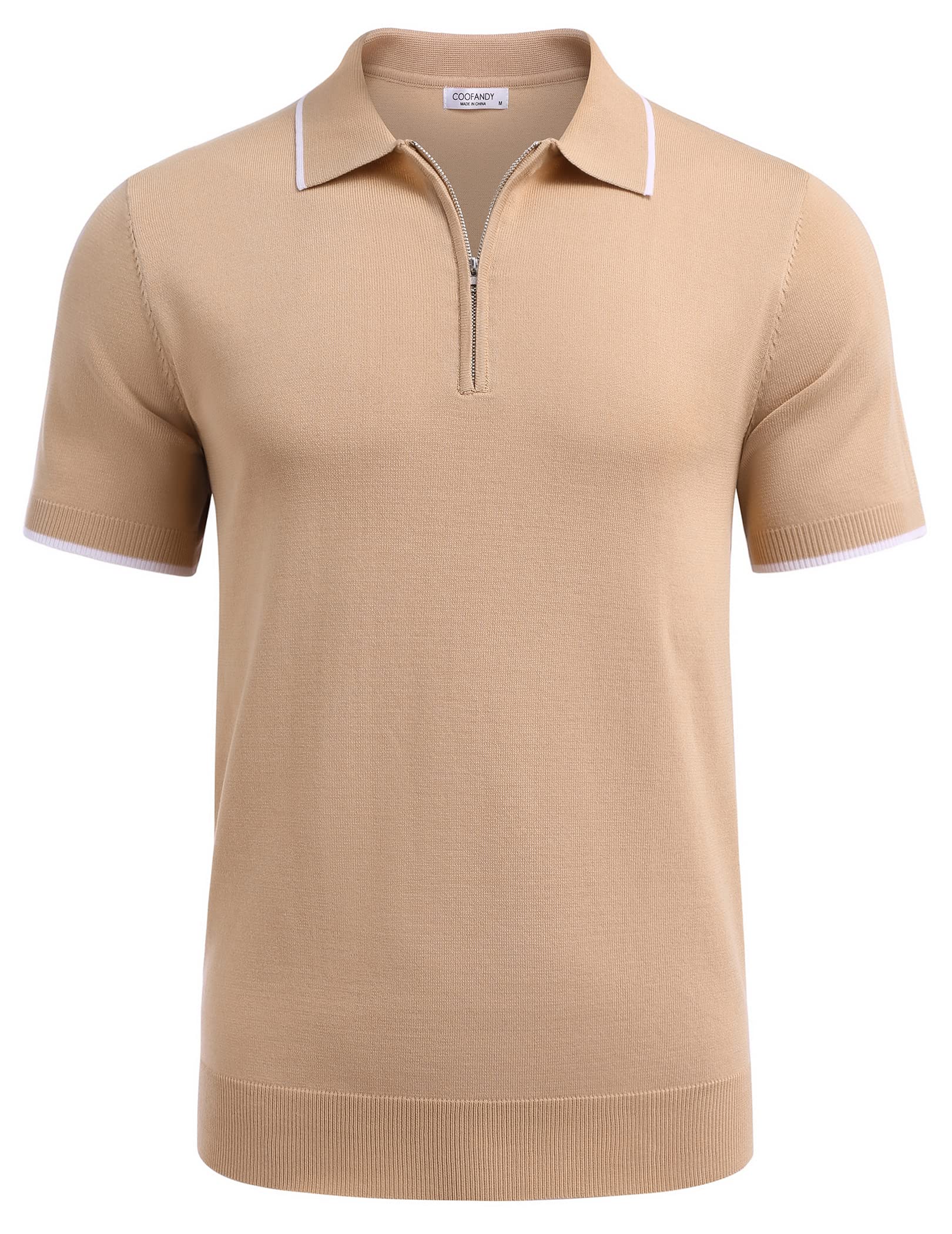 COOFANDY Mens Polo T Shirt Stripe Stretch Casual Quarter Zip Pique T Quick Dry, Light Tan, XX-Large, Short Sleeve