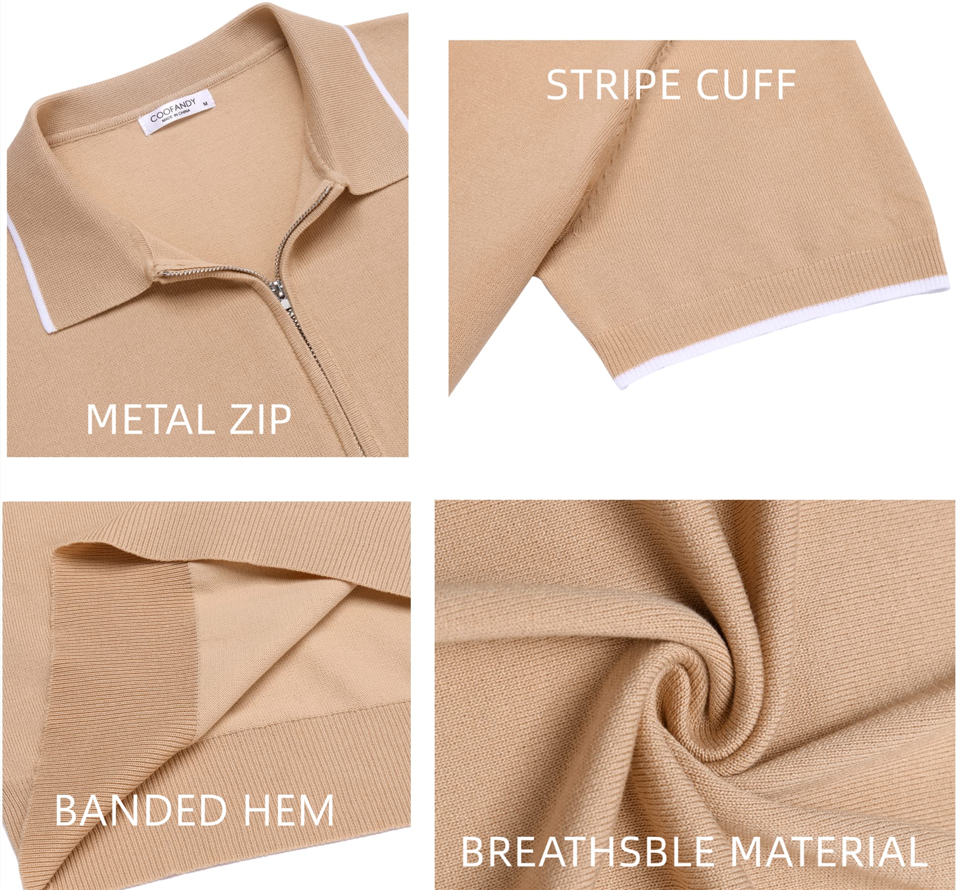COOFANDY Mens Polo T Shirt Stripe Stretch Casual Quarter Zip Pique T Quick Dry, Light Tan, XX-Large, Short Sleeve