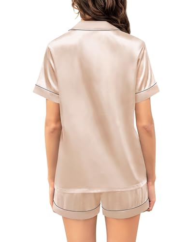 SWOMOG Couple Matching Pajamas Sets Women & Men Button Down Silk Pjs Short Sleeve Soft Lounge Sets 2 Pcs Loungewear Champagne
