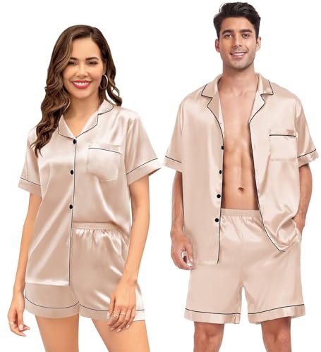 SWOMOG Couple Matching Pajamas Sets Women & Men Button Down Silk Pjs Short Sleeve Soft Lounge Sets 2 Pcs Loungewear Champagne