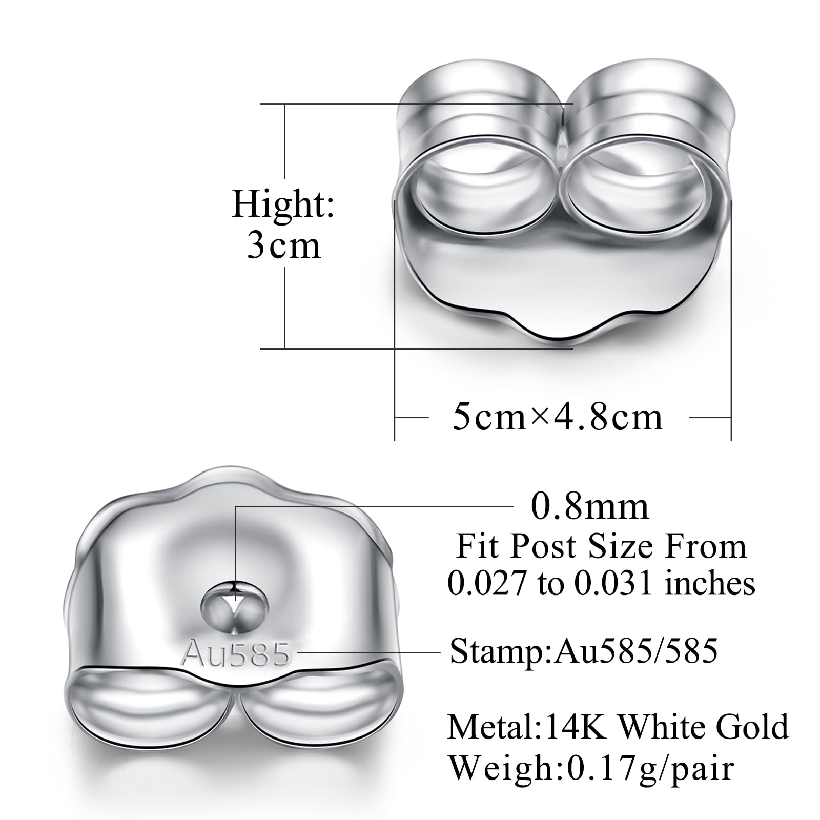 White Gold Earring Backs 14K Solid Gold 0.17 Grams AU585 Butterfly Real Earrings Backs Replacements for Studs 585 Hypoallergenic Pierced Secure