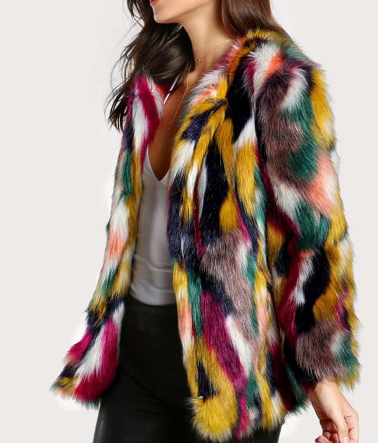 Women's Winter Multicolor Faux Fur Coat Long Sleeve Open Front Luxury Colorful Warm Fuzzy Jacket Outwear-HINDOLA