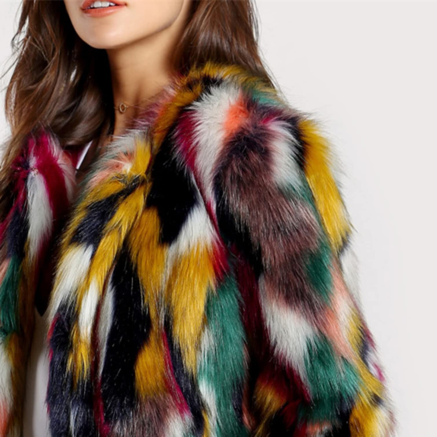 Women's Winter Multicolor Faux Fur Coat Long Sleeve Open Front Luxury Colorful Warm Fuzzy Jacket Outwear-HINDOLA