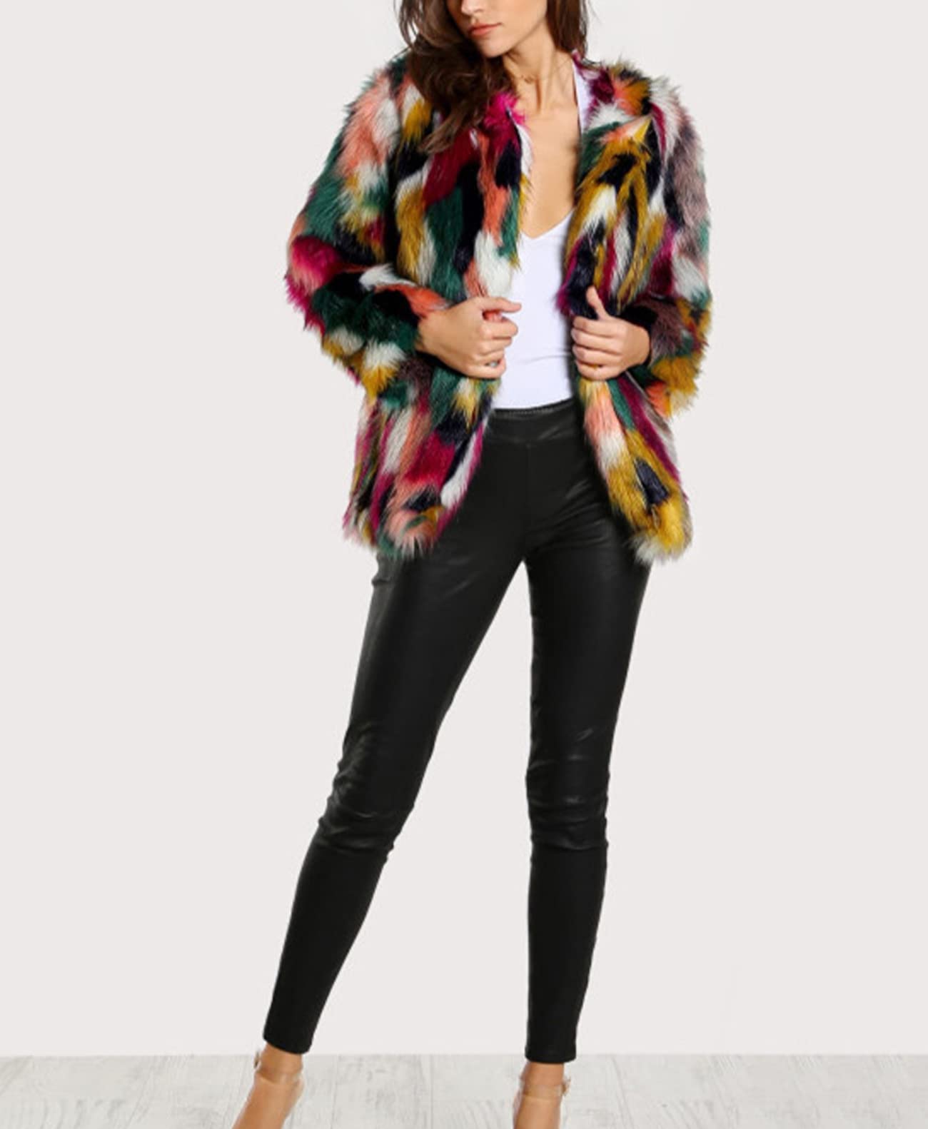 Women's Winter Multicolor Faux Fur Coat Long Sleeve Open Front Luxury Colorful Warm Fuzzy Jacket Outwear-HINDOLA