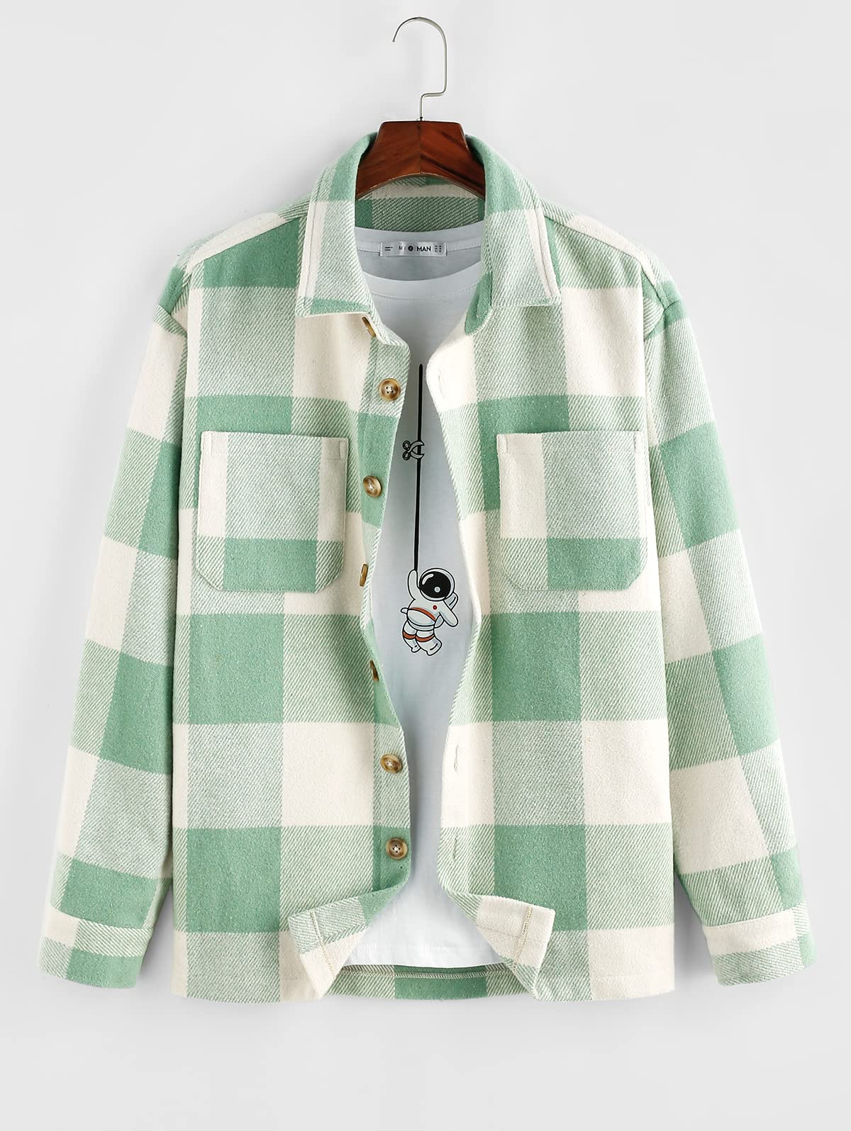 ZAFUL Men's Plaids Shirt Long Sleeve Button Down Lightweight Flannel Jacket Casual Shirt Shacket Classic Flannel Shirts(Plaid-Light Green,M)