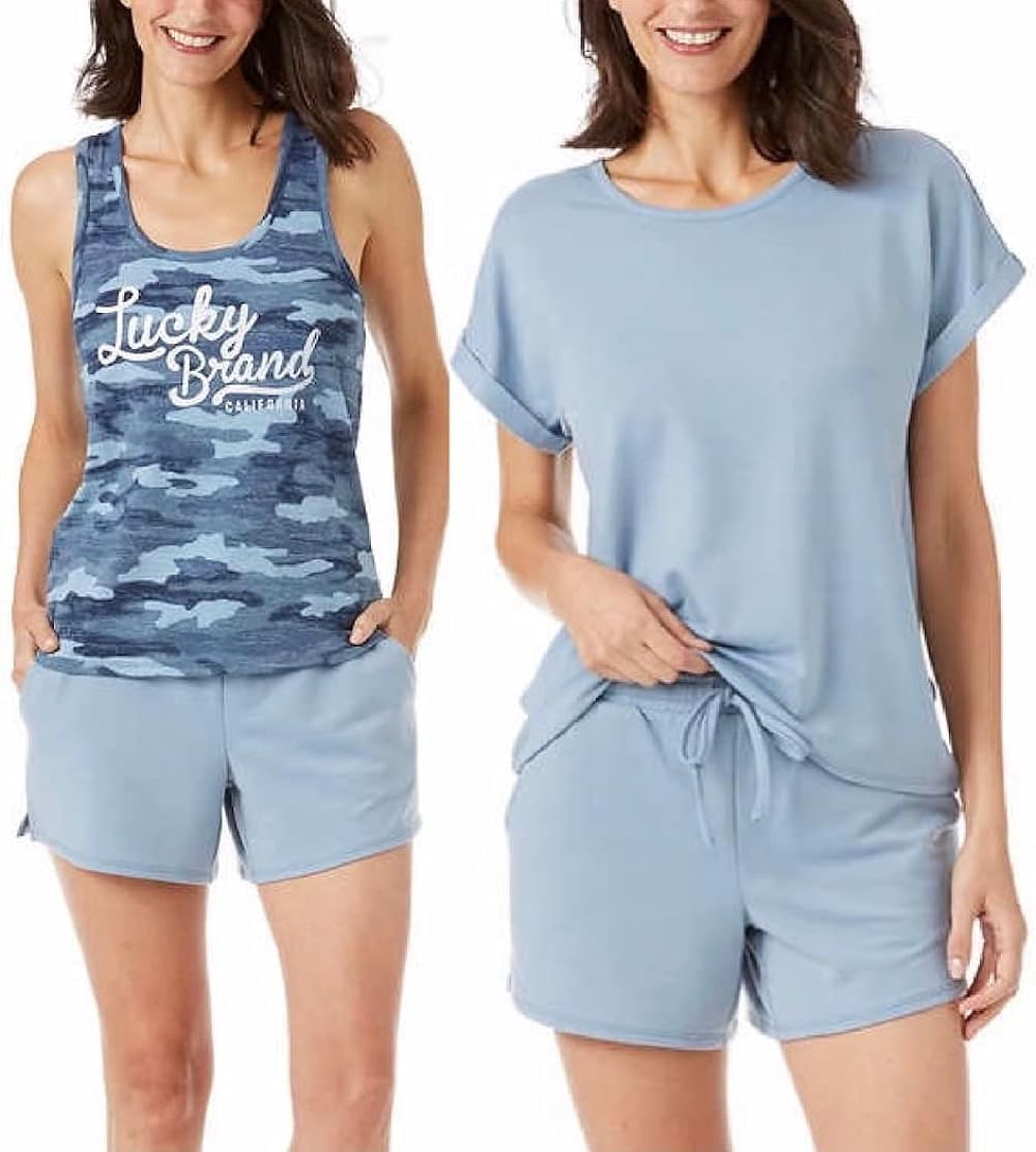 Lucky Brand Women's 3 Piece Pajama Lounge Set, Tee, Tank, & Short (US, Alpha, Medium, Regular, Regular, Faded Denim)