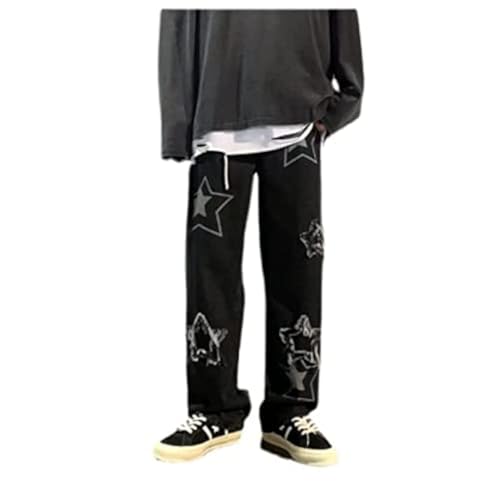 Vintage Men's Korean Denim Pants Y2K Cltohes Streetwear Printed Patchwork Male Baggy Jeans Straight Trousers (Black,2XL,XX-Large)