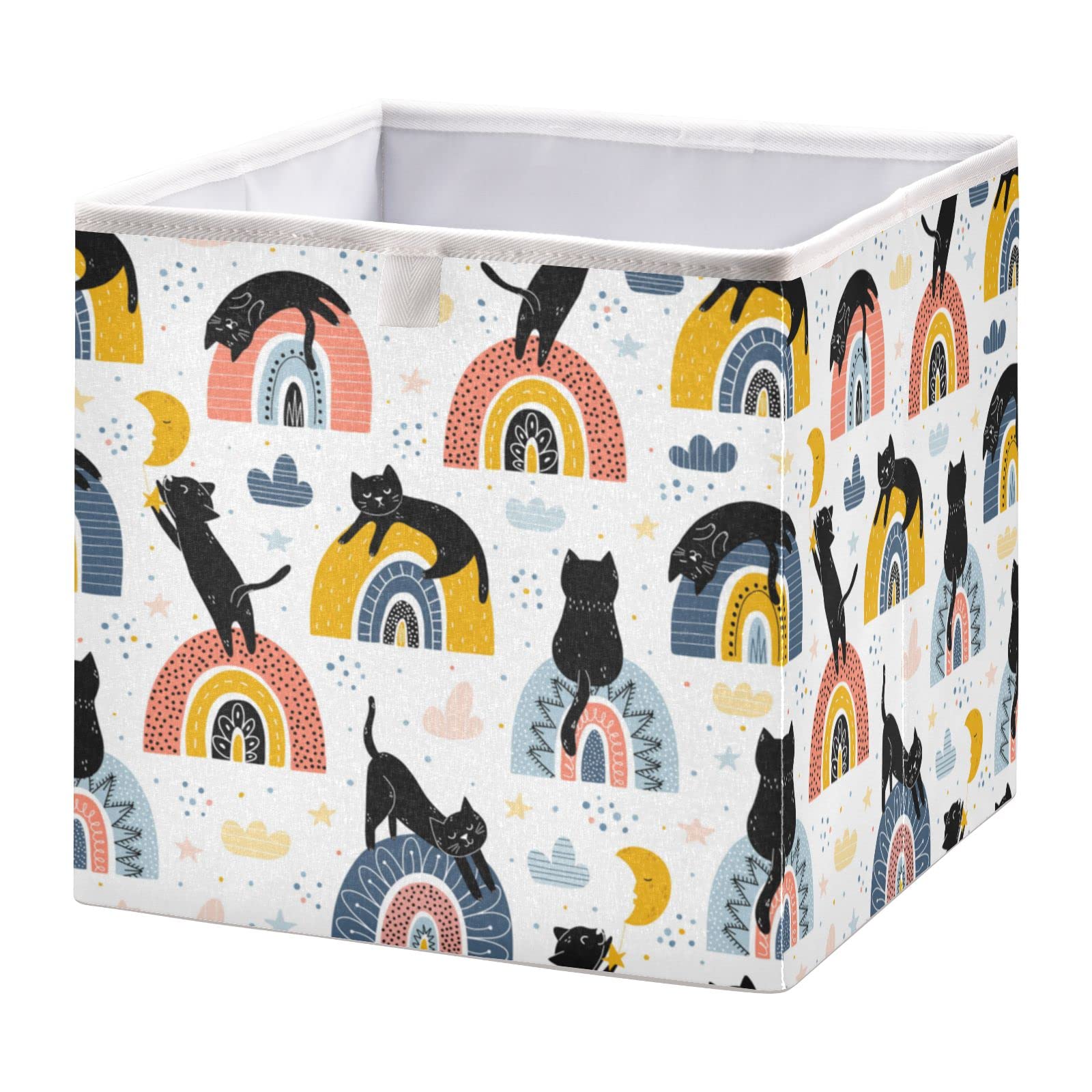 CaTaKu Black Cat Rainbow Cubes Storage Bins 11 inch Collapsible Fabric Storage Baskets Shelves Organizer Foldable Decorative Bedroom Storage Boxes for Organizing Home