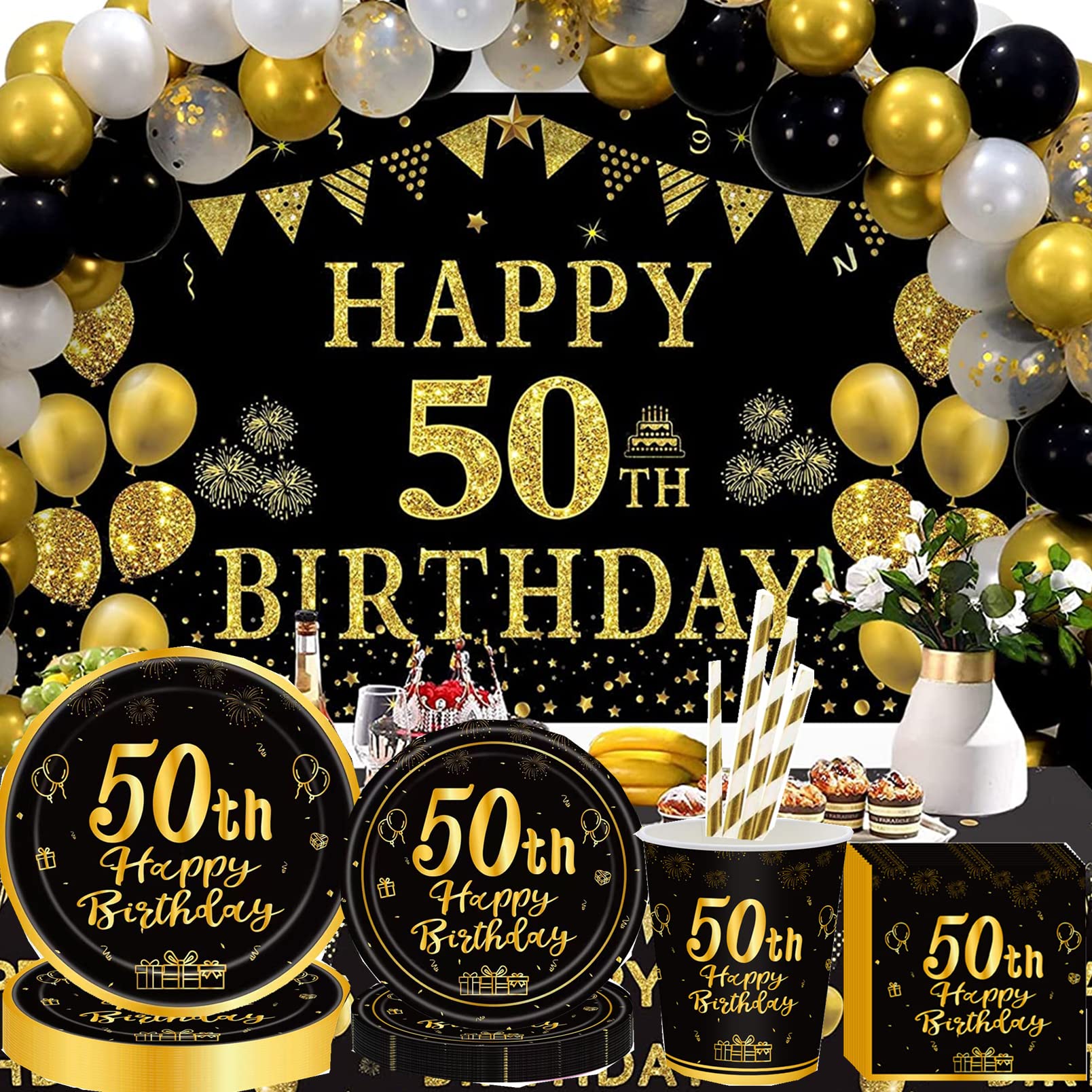 50th Birthday Party Supplies, 50th Birthday Party Tableware Include 50th Birthday Party Plates, Napkins, Cups Straws for Men and Women 50th Birthday Party Decorations Serves 16 Guests