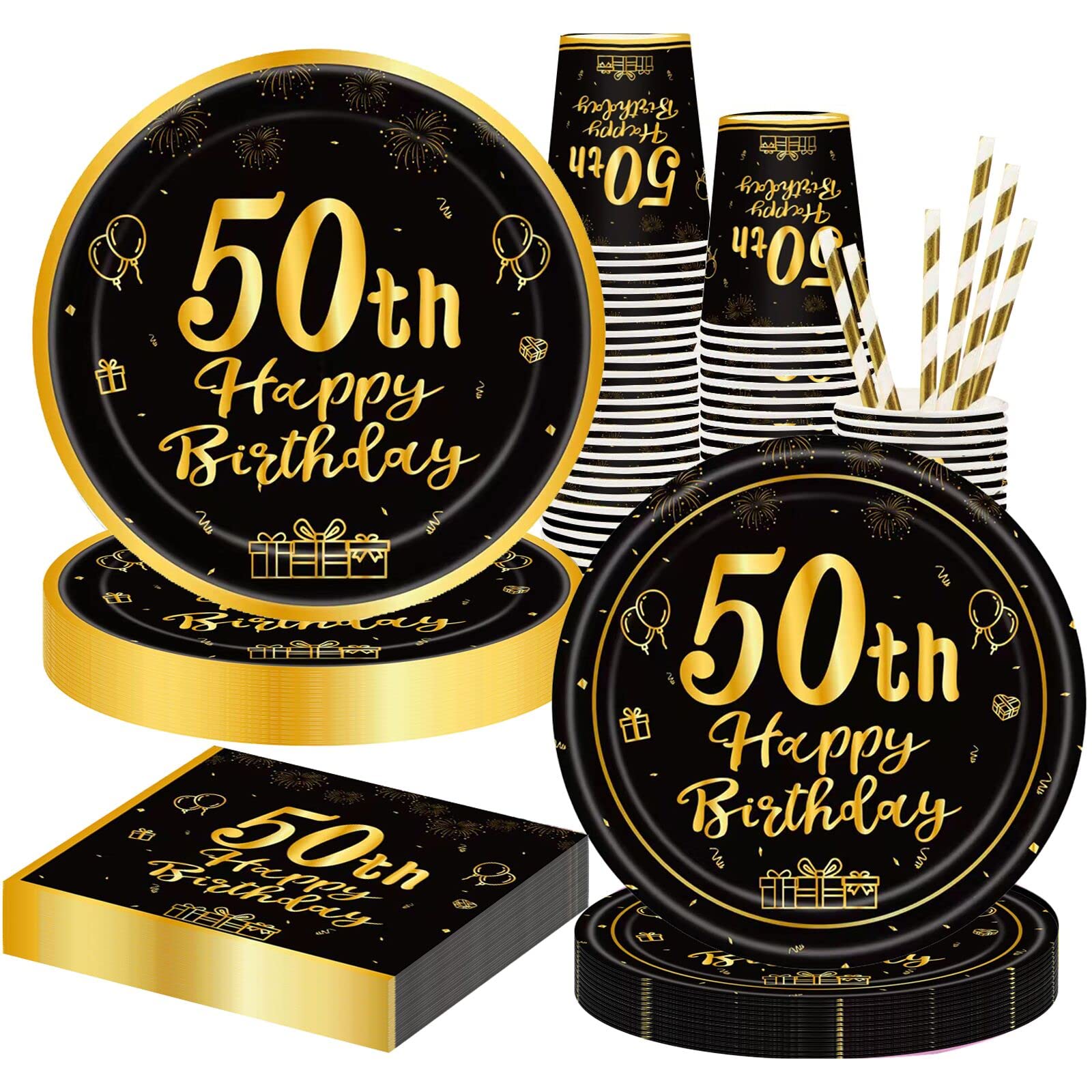 50th Birthday Party Supplies, 50th Birthday Party Tableware Include 50th Birthday Party Plates, Napkins, Cups Straws for Men and Women 50th Birthday Party Decorations Serves 16 Guests
