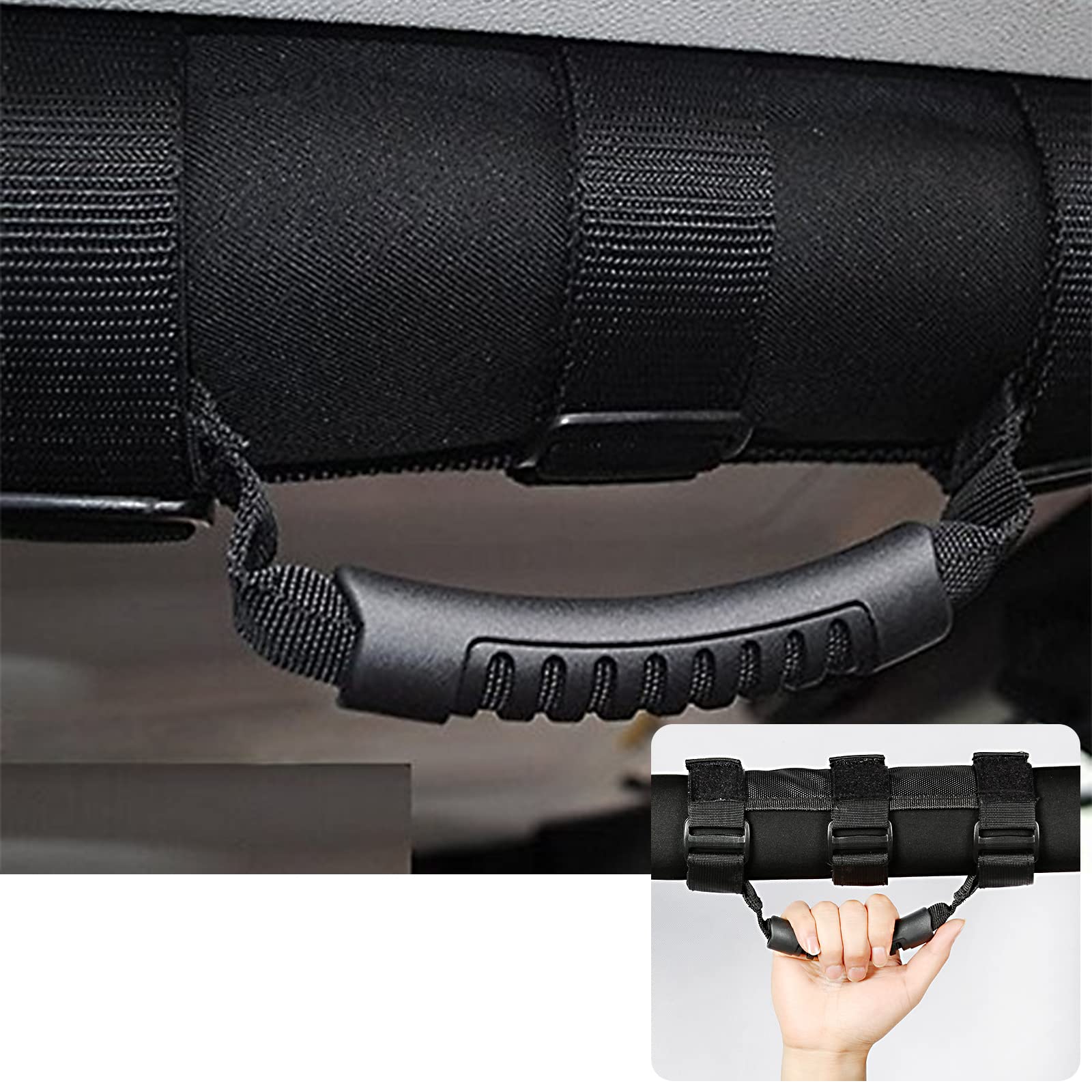 Miytsya 2 Pack Roll Bar Grab Handles Grip Handles, 3 Straps Fixed American Flag Pattern Car Interior Roof Handles Strap, Compatible with Jeep Wrangler TJ YJ JK, for 1987-2022 Models (Black)