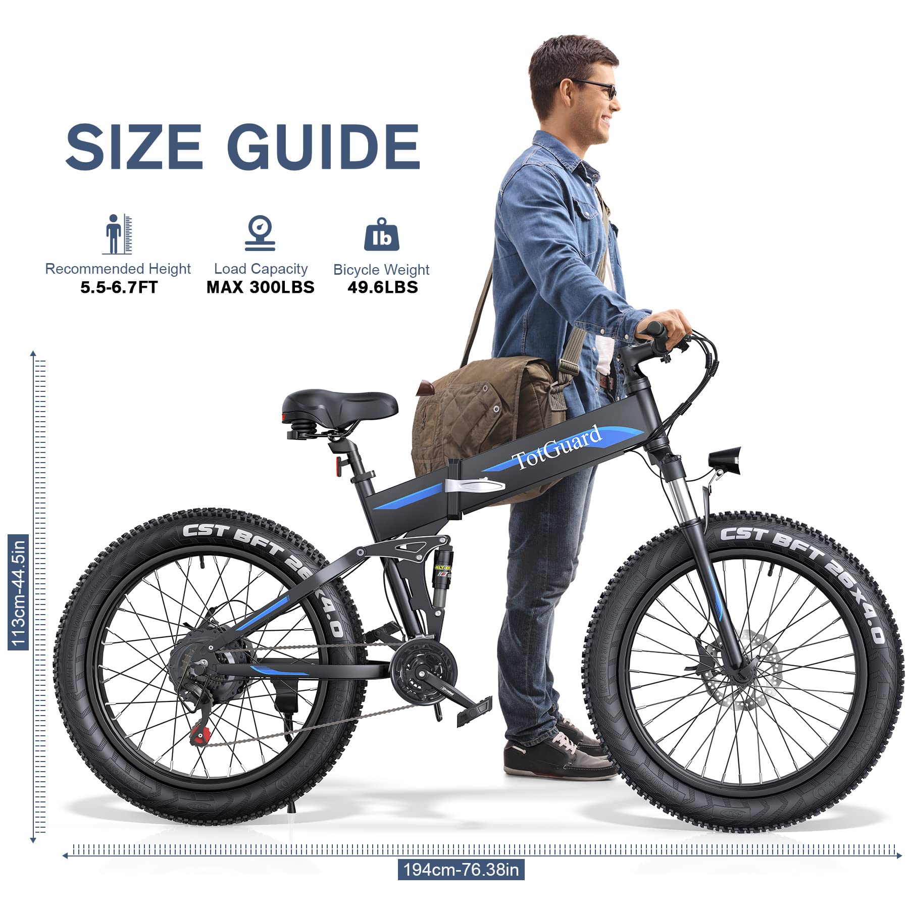 Wooken 26" x4.0 Fat Tire Electric Bike, Folding Electirc Bike for Mountain Commuter, 500W Motor 21.6 MPH, Ebikes for Adults with 48V/10.4Ah Removable Battery, Suspension Fork, 21 Speed Ebike