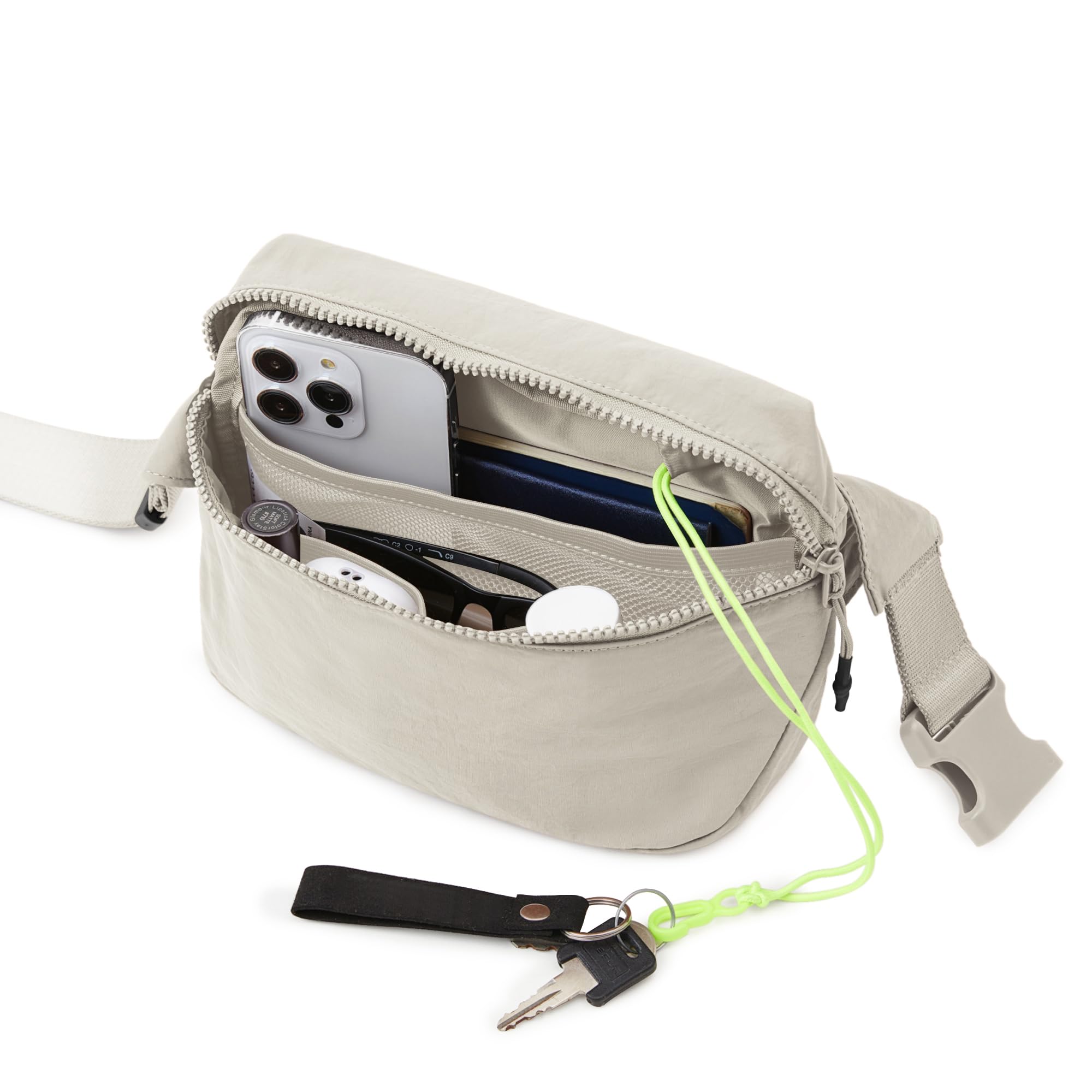 ODODOS 2L Belt Bag for Women Men, Crossbody Fanny Packs with Adjustable Strap Waist Pouch for Workout Hiking Running Travel, Light Grey