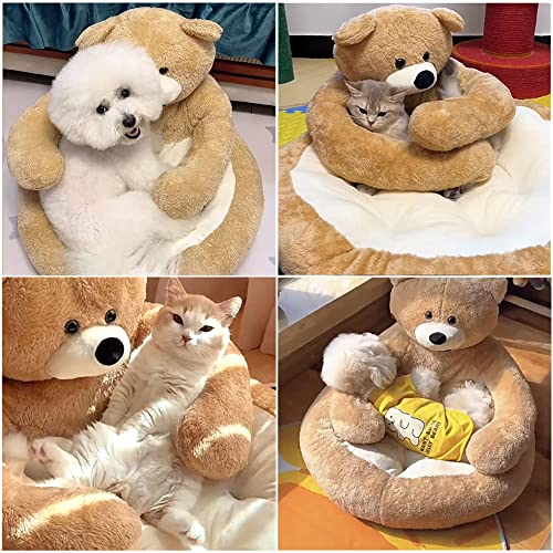 Cute Bear Hug Design Dog Cat Beds Plush Pet Beds Cuddler, Warm Soft Calming Dog Beds with Removable Washable Cover Non-Slip Bottom (Diameter 22 in, Grey)