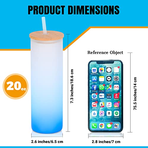 MHM Sublimation Glass Blank Tumbler Skinny Frosted 20oz and 25oz with Bamboo Lid and Straw (Sky Blue, 20oz)