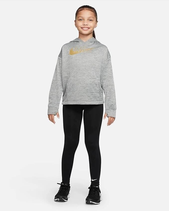 Nike Therma-FIT Big Kids' (Girls') Pullover Hoodie Black Heather (as1, alpha, s, regular, Standard, Black Heather, Small)