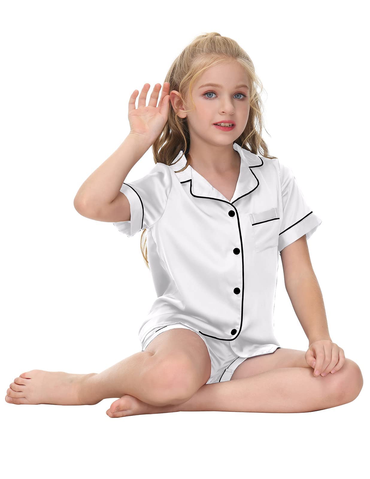 Veseacky Big Girls Boys Pajamas Set Satin Silk Short Sleeves Sleepwear 2 Piece Button-Down Classic Pjs Set (White,12y)