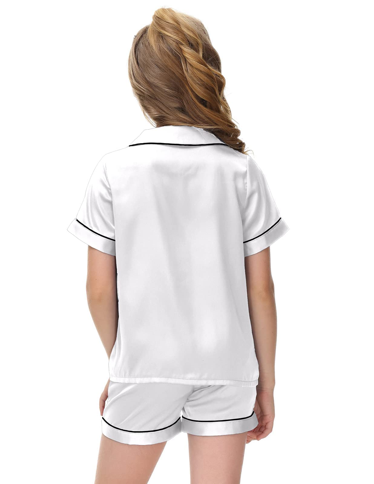 Veseacky Big Girls Boys Pajamas Set Satin Silk Short Sleeves Sleepwear 2 Piece Button-Down Classic Pjs Set (White,12y)