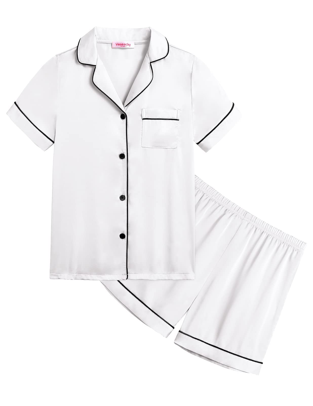 Veseacky Big Girls Boys Pajamas Set Satin Silk Short Sleeves Sleepwear 2 Piece Button-Down Classic Pjs Set (White,12y)