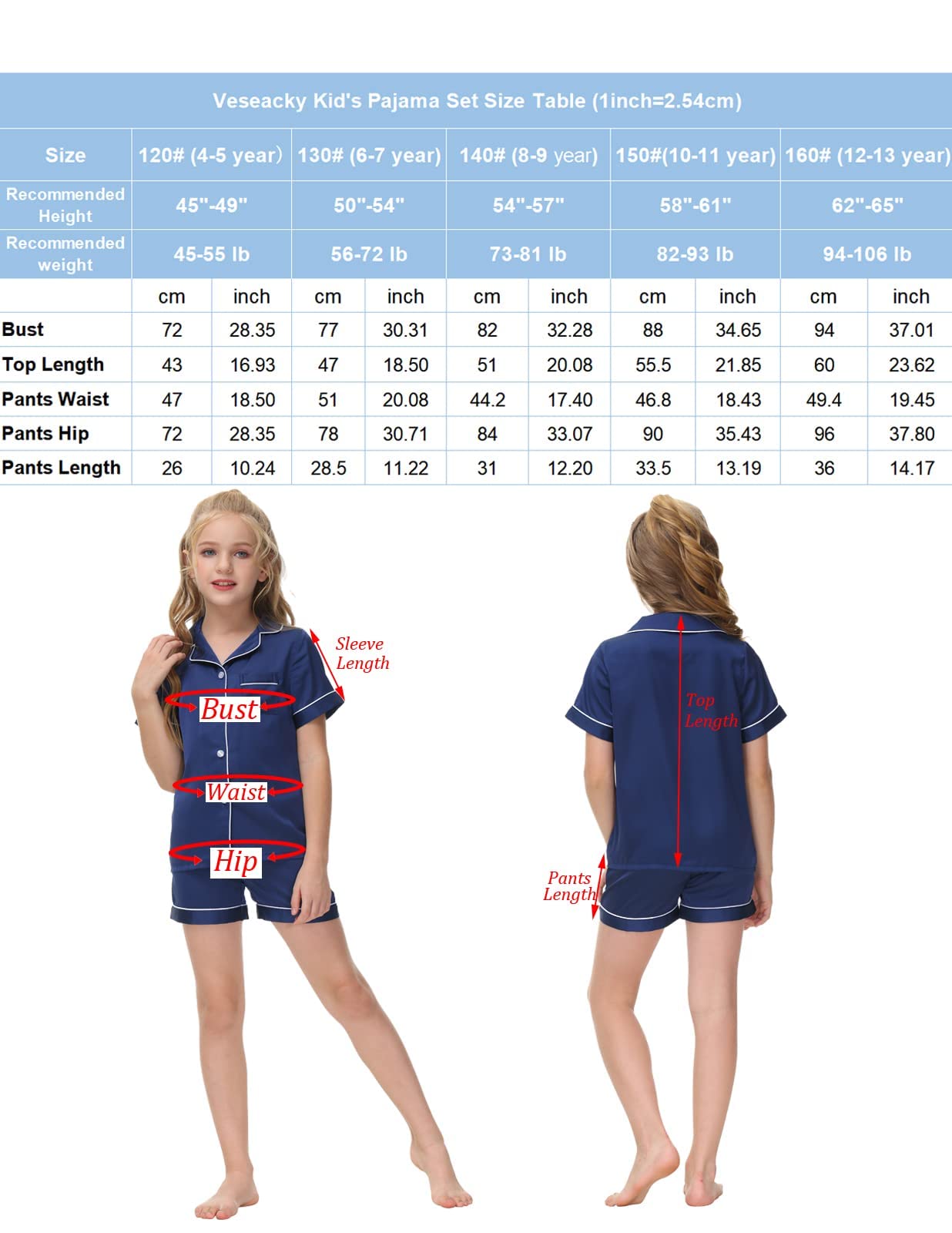 Veseacky Big Girls Boys Pajamas Set Satin Silk Short Sleeves Sleepwear 2 Piece Button-Down Classic Pjs Set (White,12y)