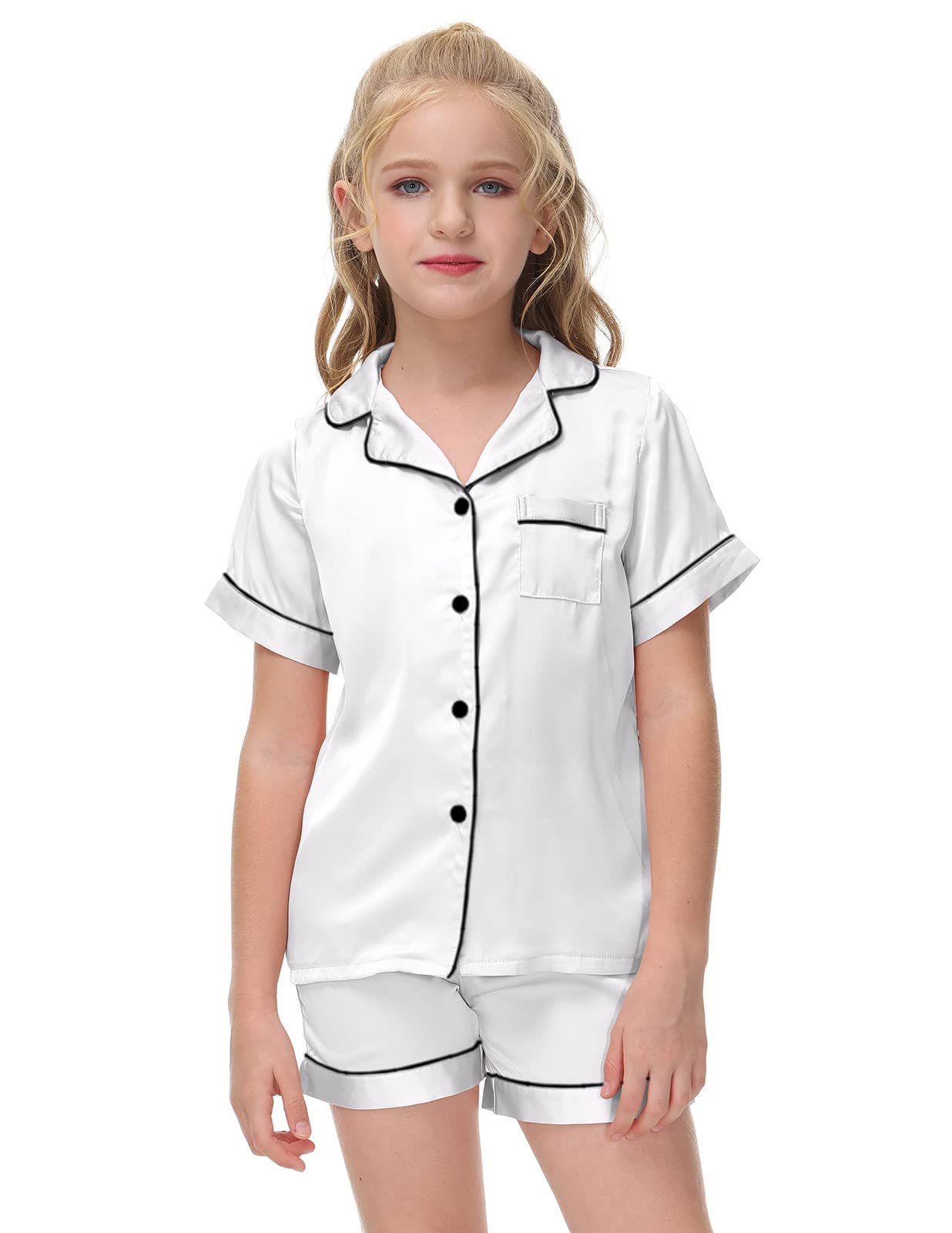 Veseacky Big Girls Boys Pajamas Set Satin Silk Short Sleeves Sleepwear 2 Piece Button-Down Classic Pjs Set (White,12y)