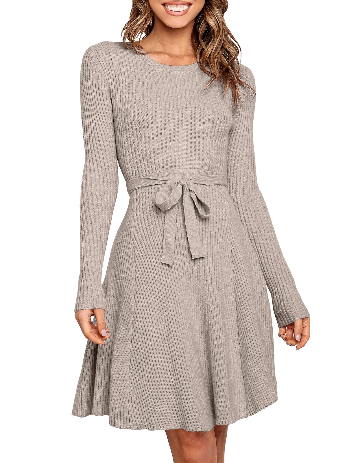ANRABESS Women's Long Sleeve Midi Dress Crewneck Tie Waist A-Line Swing Casual Bodycon Ribbed Knit 2025 Fall Sweater Dress red Apricot Medium