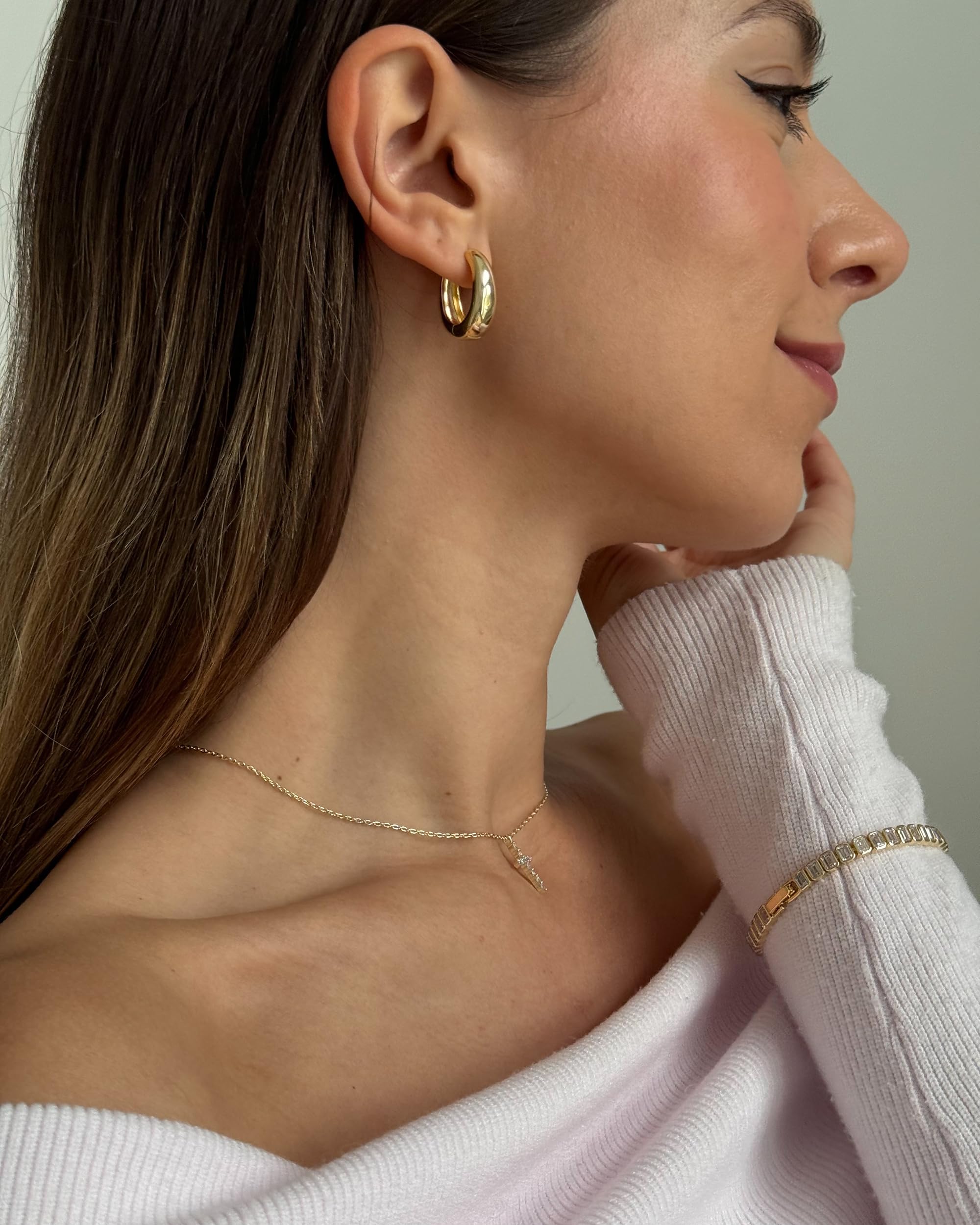 PAVOI Rhodium Plated Sterling Silver Post Small Chunky Hoops Earrings - Thick Lightweight Gold Hoop Earrings for Women