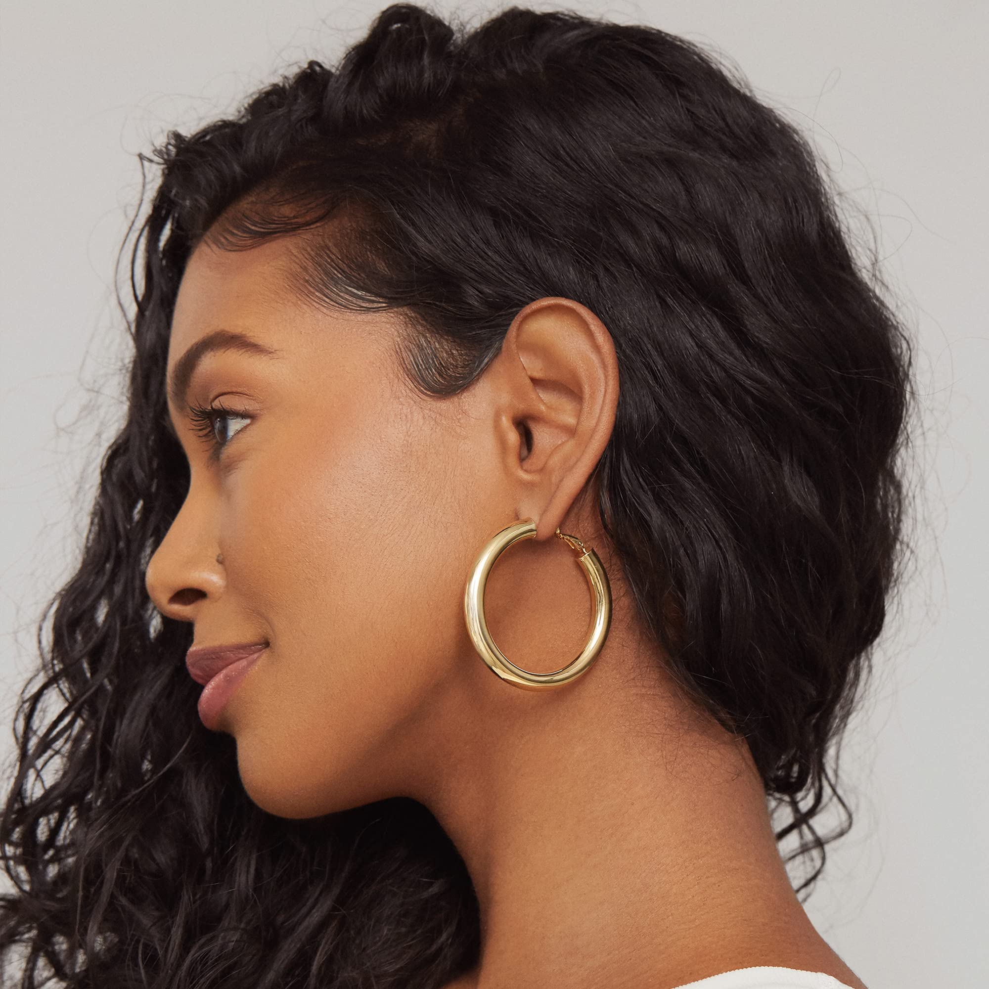 PAVOI 14K Gold Plated Sterling Silver Post Hoops | Lightweight Chunky Hoops Huggies | Thick Gold Hoop Earrings for Women (White Gold,50mm)