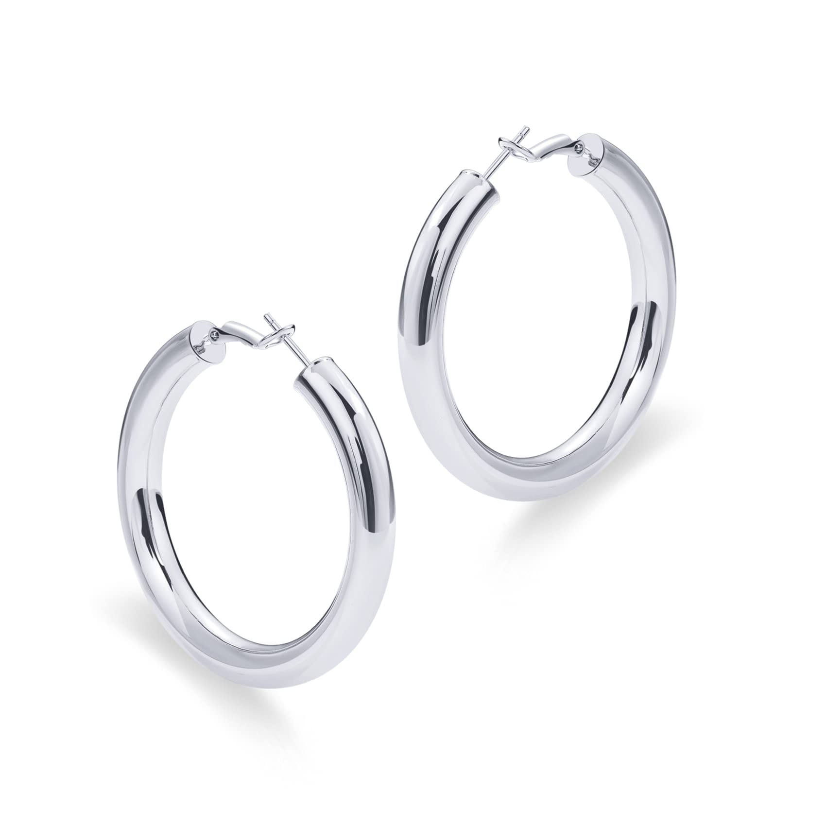 PAVOI 14K Gold Plated Sterling Silver Post Hoops | Lightweight Chunky Hoops Huggies | Thick Gold Hoop Earrings for Women (White Gold,50mm)