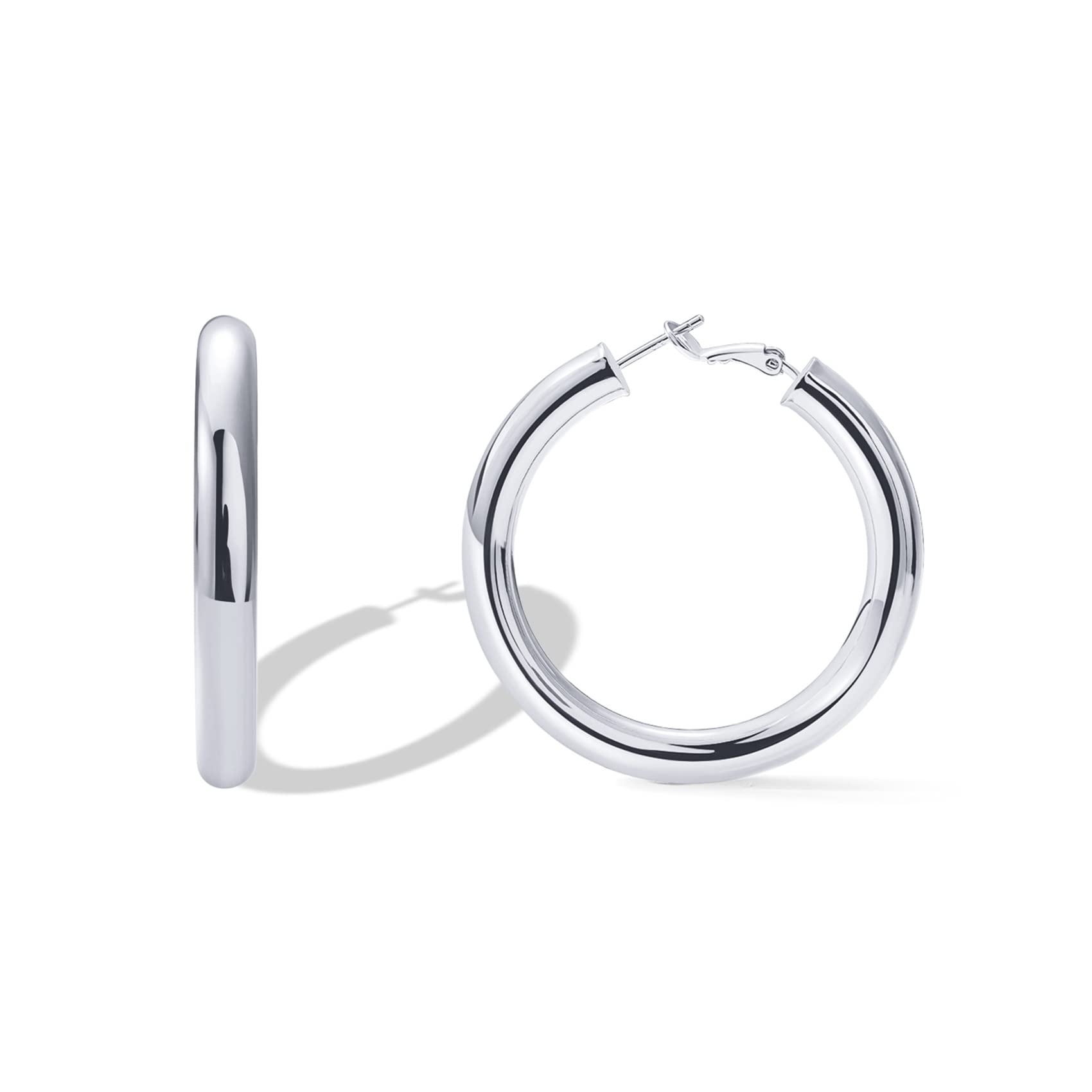 PAVOI 14K Gold Plated Sterling Silver Post Hoops | Lightweight Chunky Hoops Huggies | Thick Gold Hoop Earrings for Women (White Gold,50mm)
