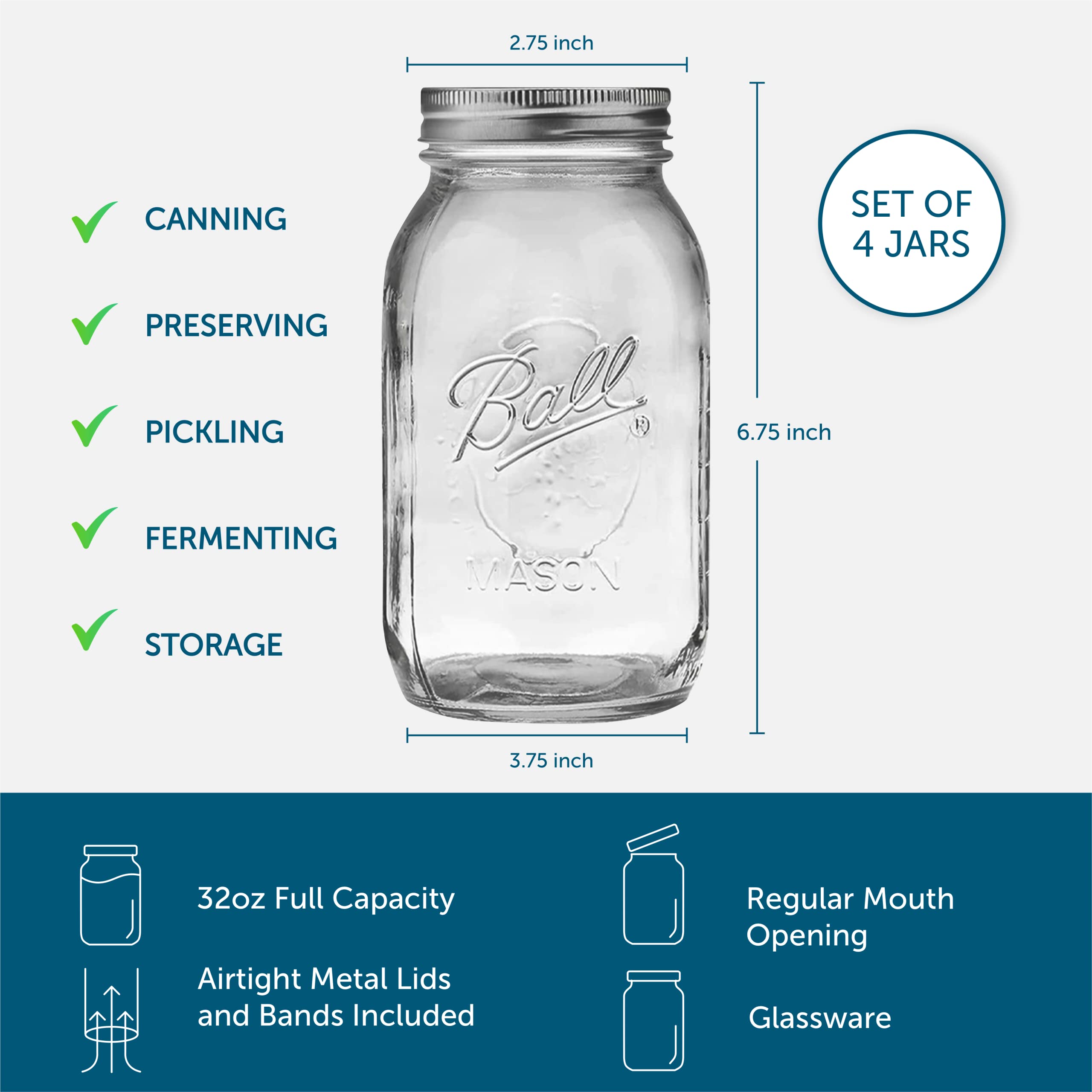 HOMESPHERE Mason Jar Set of 4 Regular Mouth 32-Ounce Mason Jars with Lids and Bands, for Canning, Fermenting, Storage