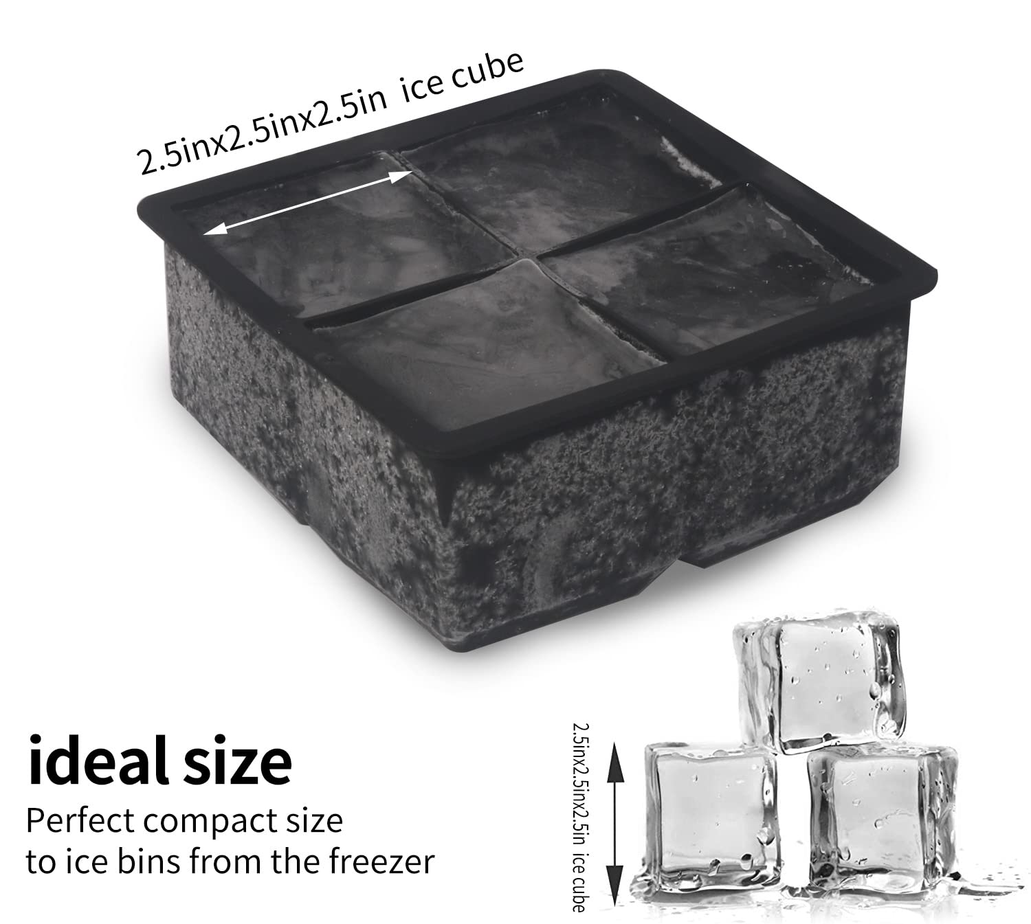 Large Ice Cube Trays Silicone (2.5-Inches) - Giant Cocktail Silicone Ice Maker, Scotch Whiskey Ice Cube, Easy Release Reusable Ice Cubes,Food Grade (Black 2 Tray)