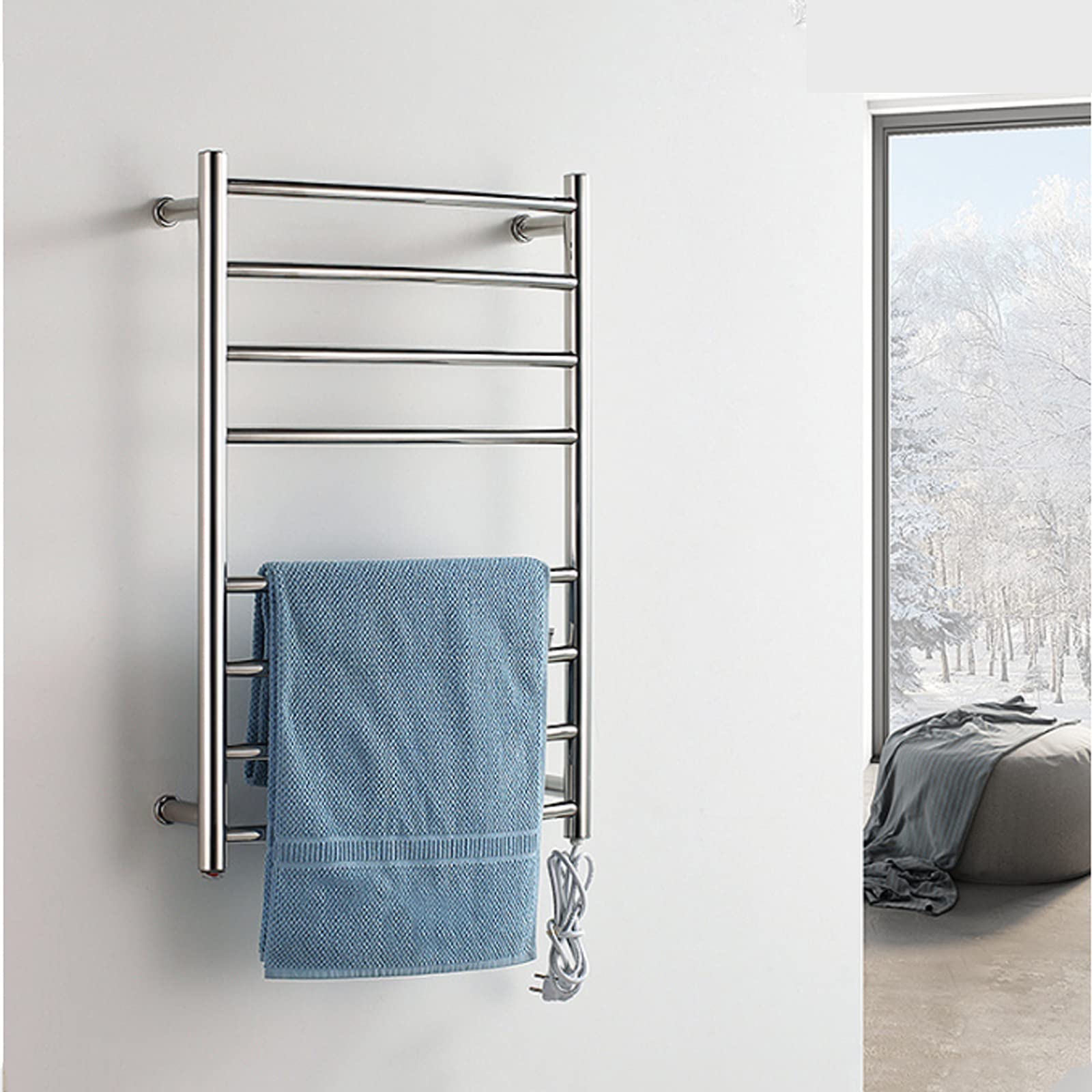 Bathroom Towel Warmer Electric Heated Towel Rack, Towel Warmer Drying Rack, Electric 304 Stainless Steel Heated Towel Rack with Shelf, Wall-Mounted Electric Heated Towel Rail, Bathroom Accessories,Sil