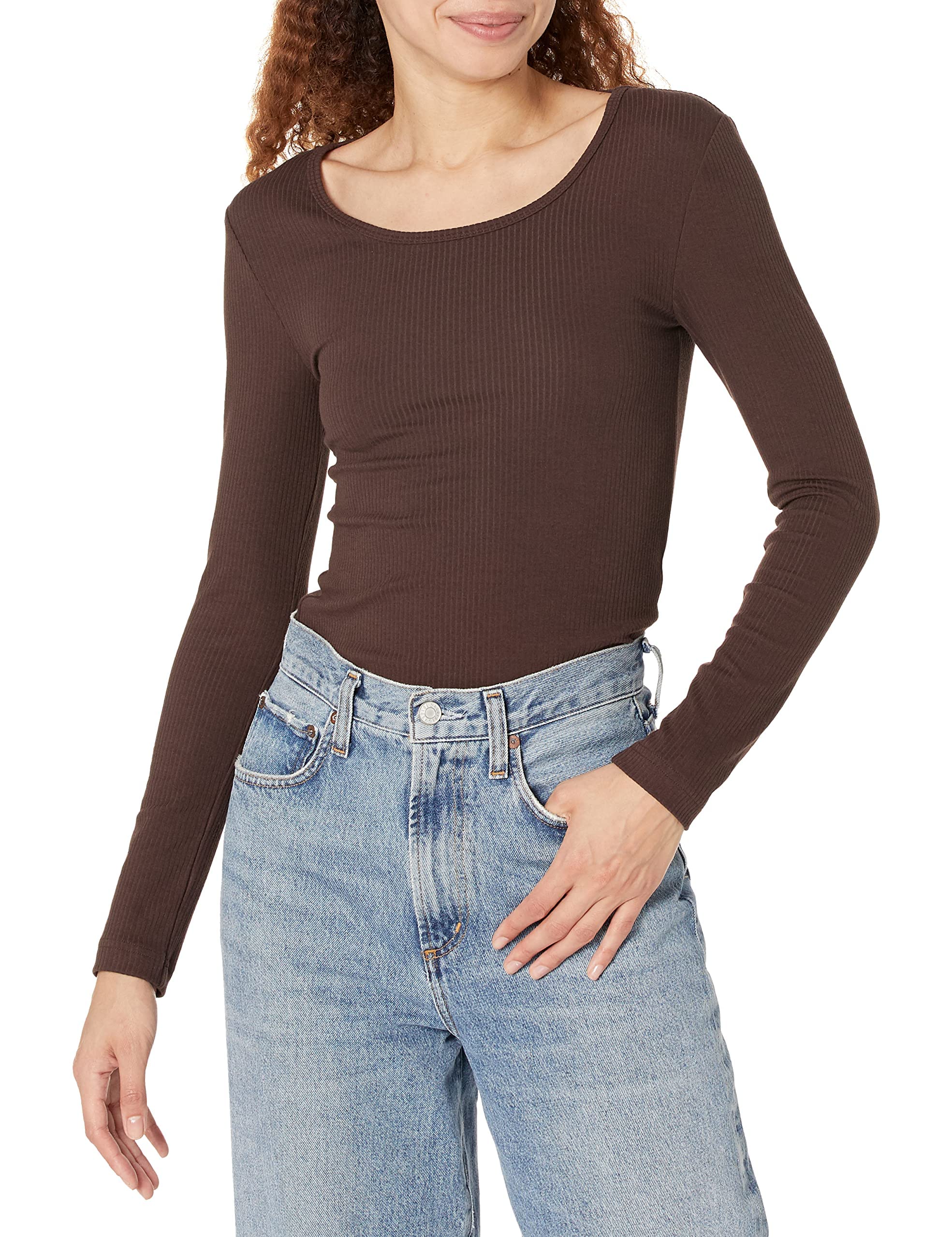 Amazon Essentials Sweater for Women, Long Sleeve Slim-Fit Rib Scoop Neck (Available in Plus Size), Pack of 2, Eggshell White/Espresso, Medium
