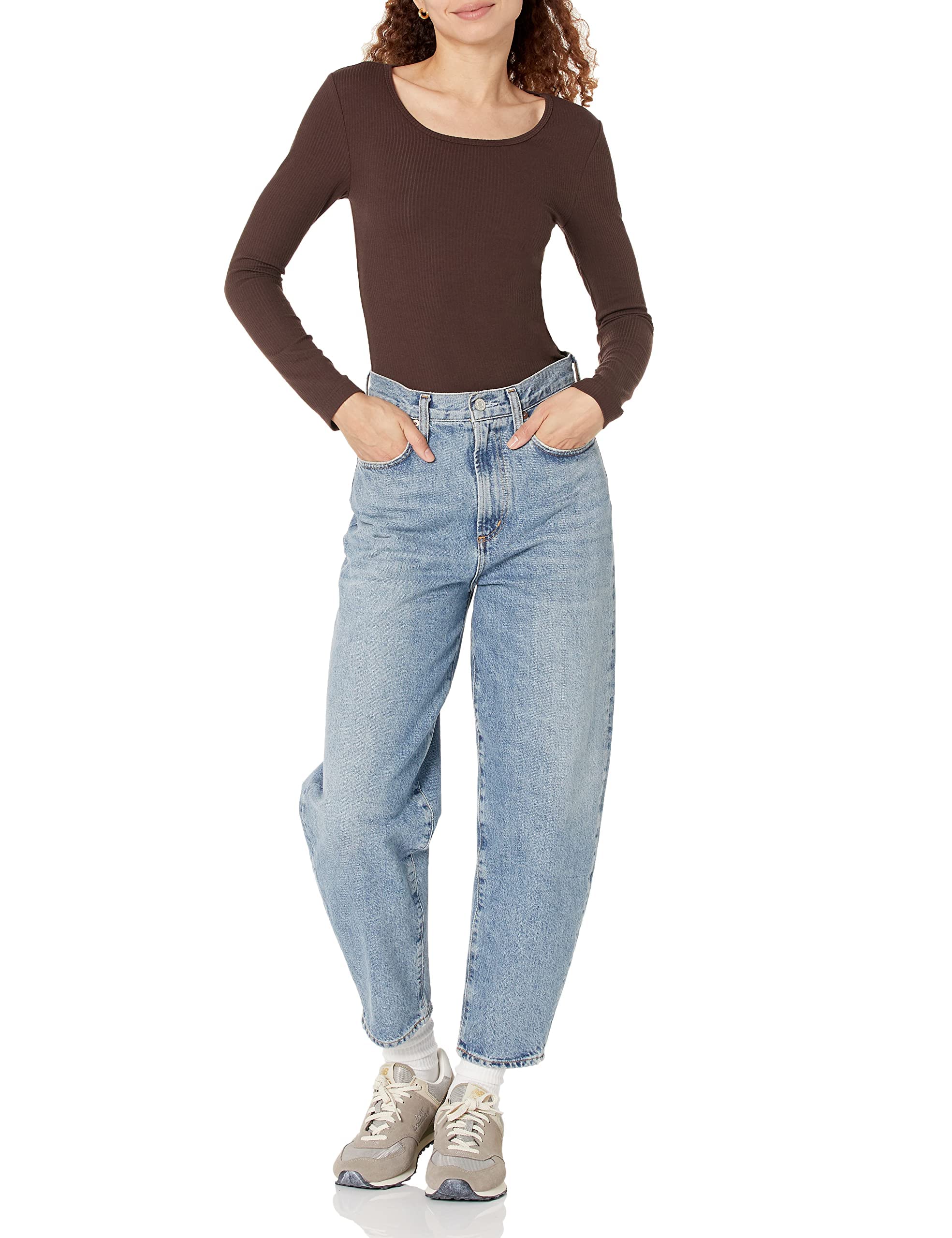 Amazon Essentials Sweater for Women, Long Sleeve Slim-Fit Rib Scoop Neck (Available in Plus Size), Pack of 2, Eggshell White/Espresso, Medium