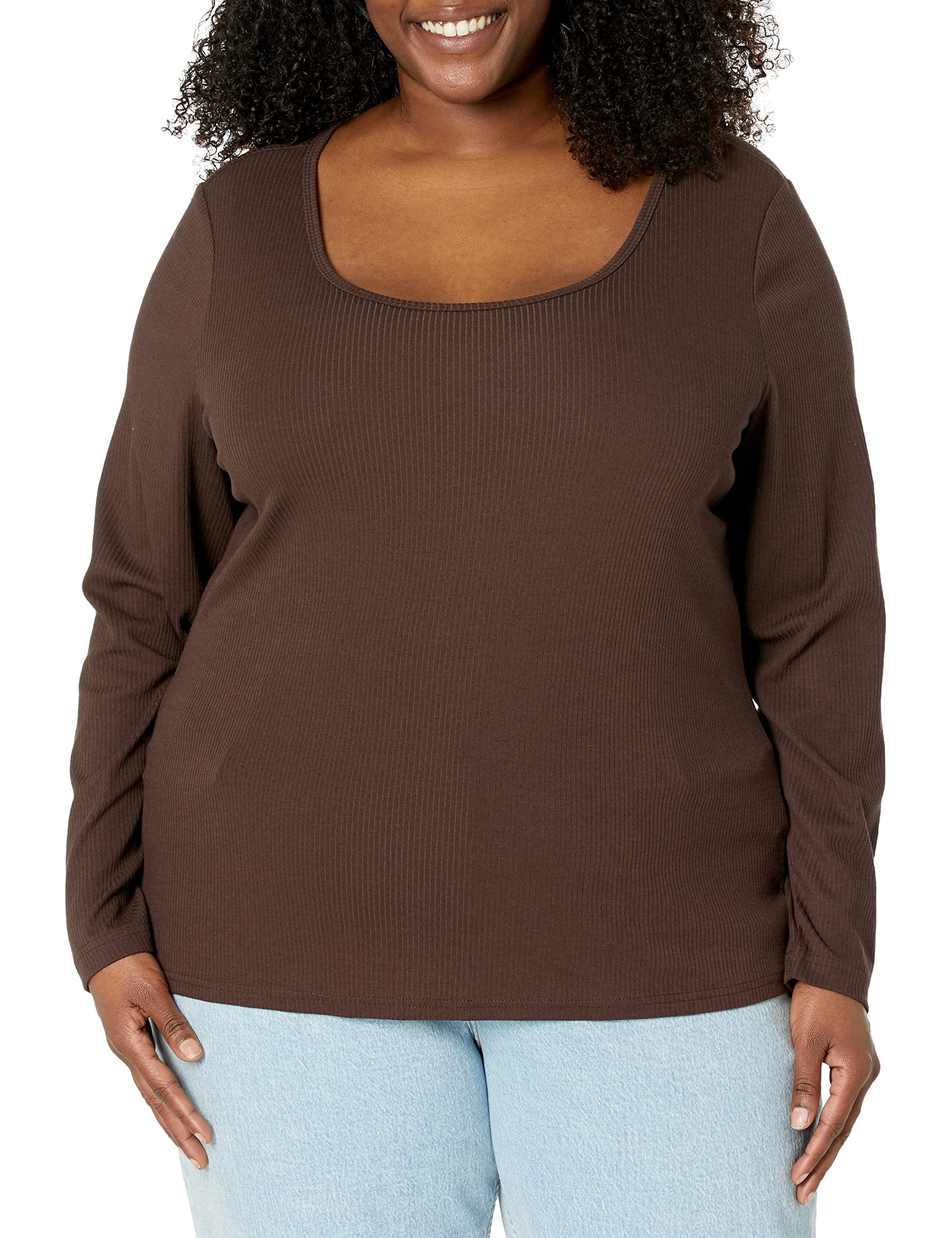Amazon Essentials Sweater for Women, Long Sleeve Slim-Fit Rib Scoop Neck (Available in Plus Size), Pack of 2, Eggshell White/Espresso, Medium