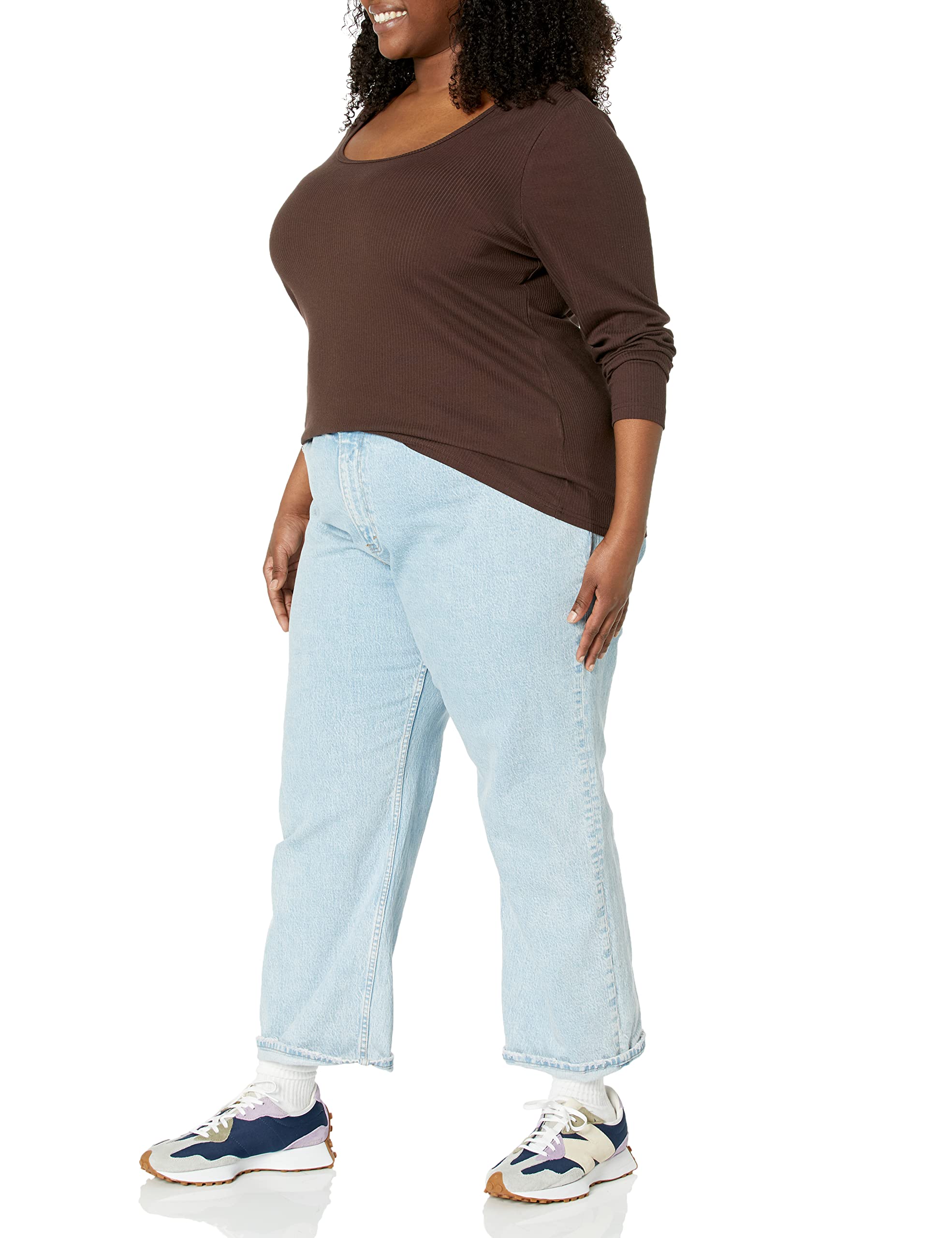Amazon Essentials Sweater for Women, Long Sleeve Slim-Fit Rib Scoop Neck (Available in Plus Size), Pack of 2, Eggshell White/Espresso, Medium